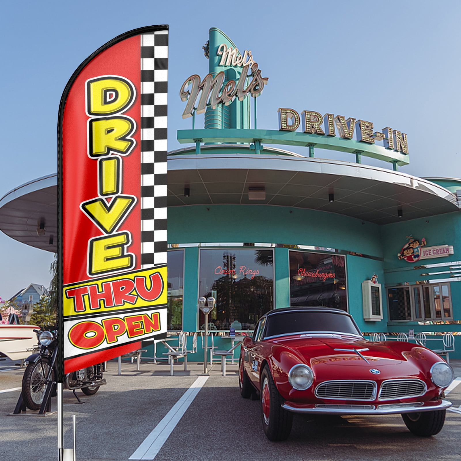 Qsum Drive Thru Open Feather Flag, 8FT Outdoor Advertising Sign ...