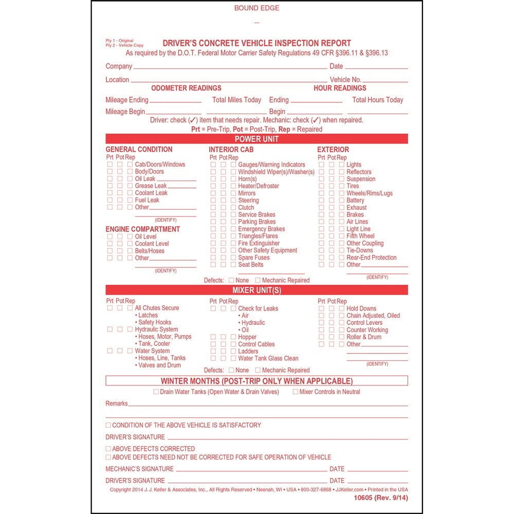 Driver's Concrete Vehicle Inspection Report 25-pk. - Book Format, 2-Ply ...
