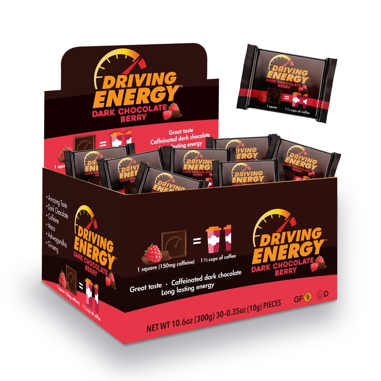 ZenEvo Driving Energy Berry, Dark Chocolate Squares, 150mg Caffeine, 30 ...