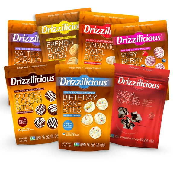 Drizzilicious Mini Rice Cake Bites 7 Flavor Variety Pack: Birthday ...