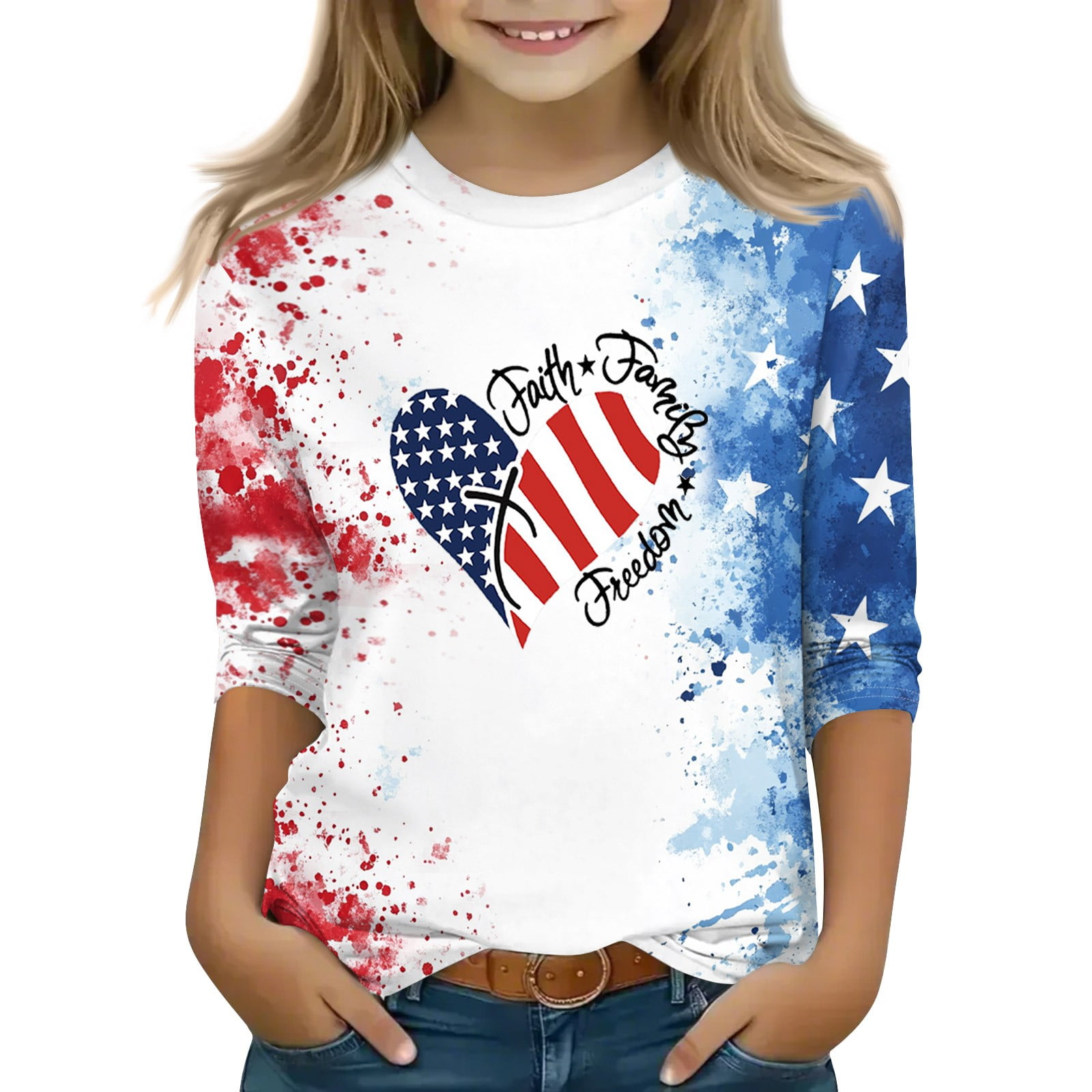 Drmagiyhm American Flag Tops Girl Size 10-12 Casual Crew Neck 3/4 ...