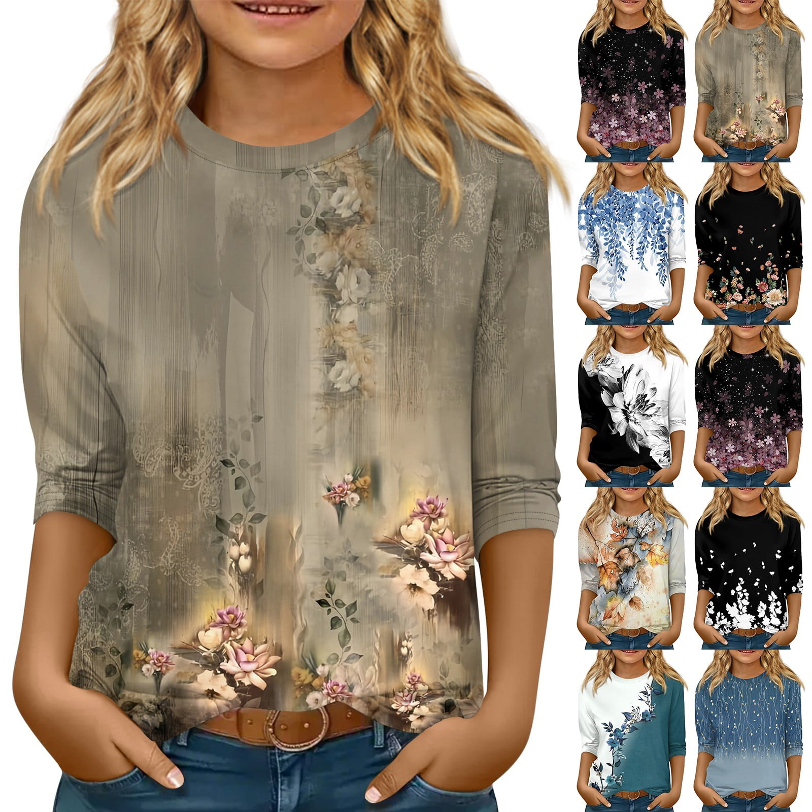 Drmagiyhm Blue 3/4 Sleeve Shirt for Girls Size 10-12 Cute Crewneck ...