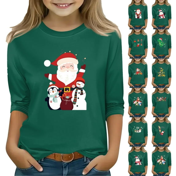 Drmagiyhm Girls 3/4 Sleeve Christmas Shirts Size 10-12 Casual Xmas Tree Print Loose Cute 3/4 ...
