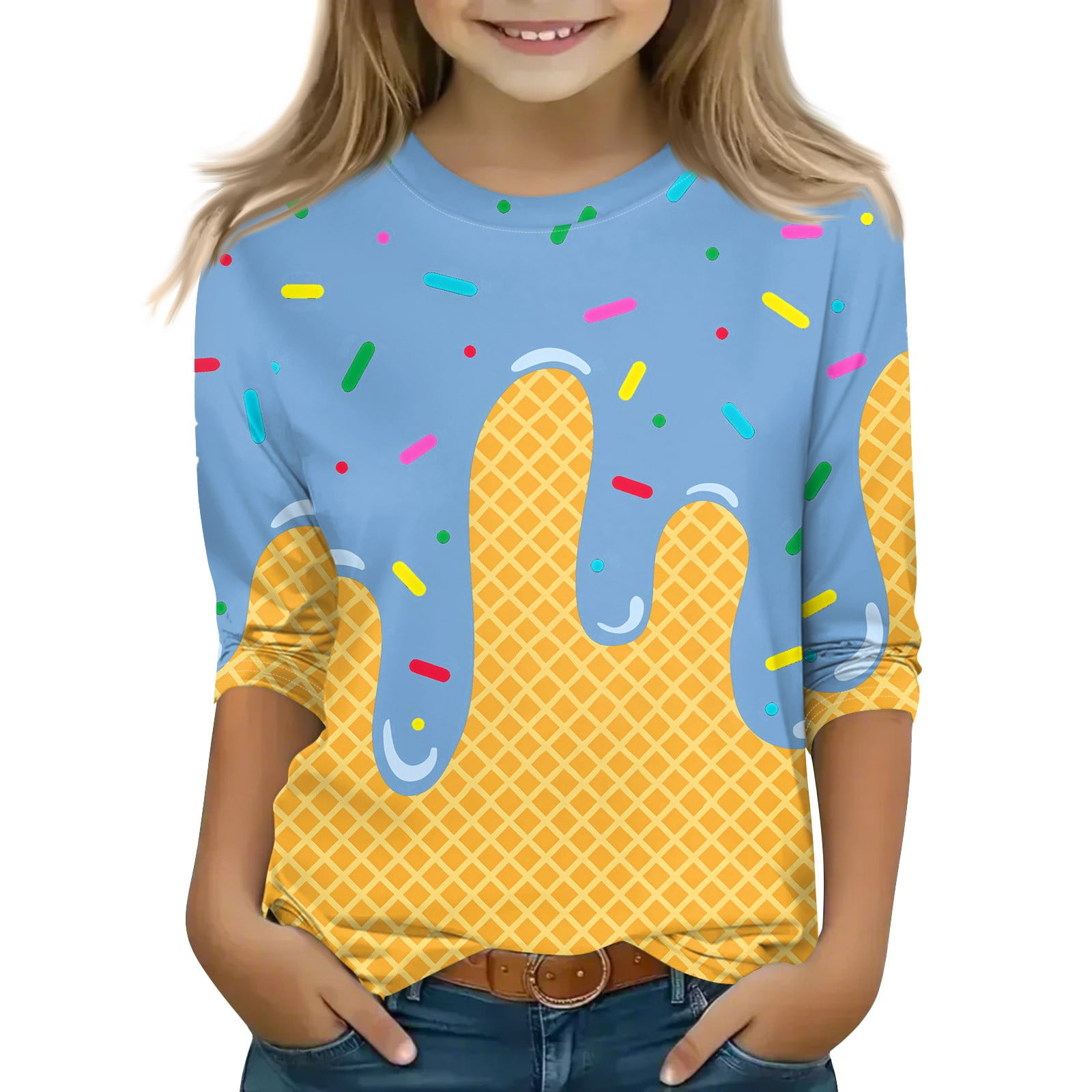 Drmagiyhm Girls 3/4 Sleeve Tops Size 10-12 Cute Ice Cream Graphic T ...