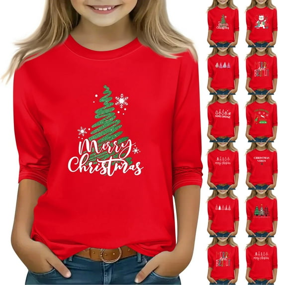Drmagiyhm Girls Christmas Shirts Size 10-12 Casual Xmas Tree Print Holidayy Cute 3/4 Sleeve ...