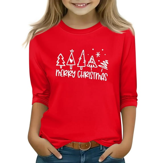 Drmagiyhm Girls Christmas Shirts Size 10-12 Casual Xmas Tree Print Loose Cute 3/4 Sleeve Tshirt ...