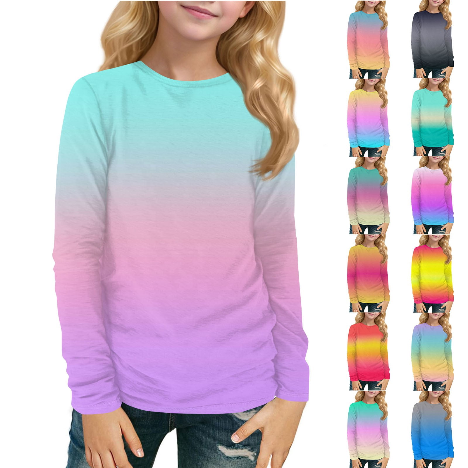Drmagiyhm Girls Long Sleeve Shirts Size 10-12 Basic Gradient T-Shirt ...