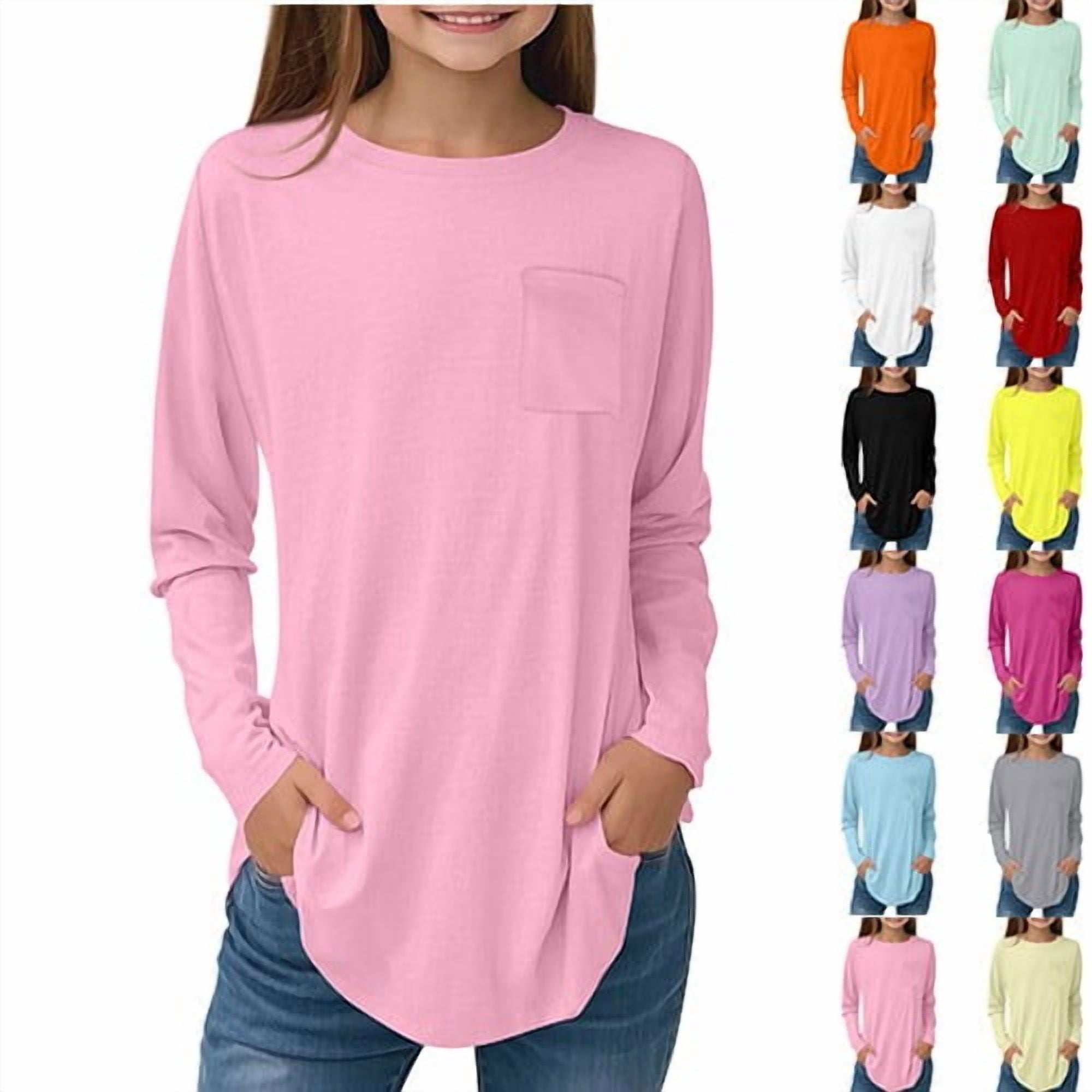 Drmagiyhm Girls Long Sleeve Shirts Size 10-12 Basic Solid Color Shirt ...