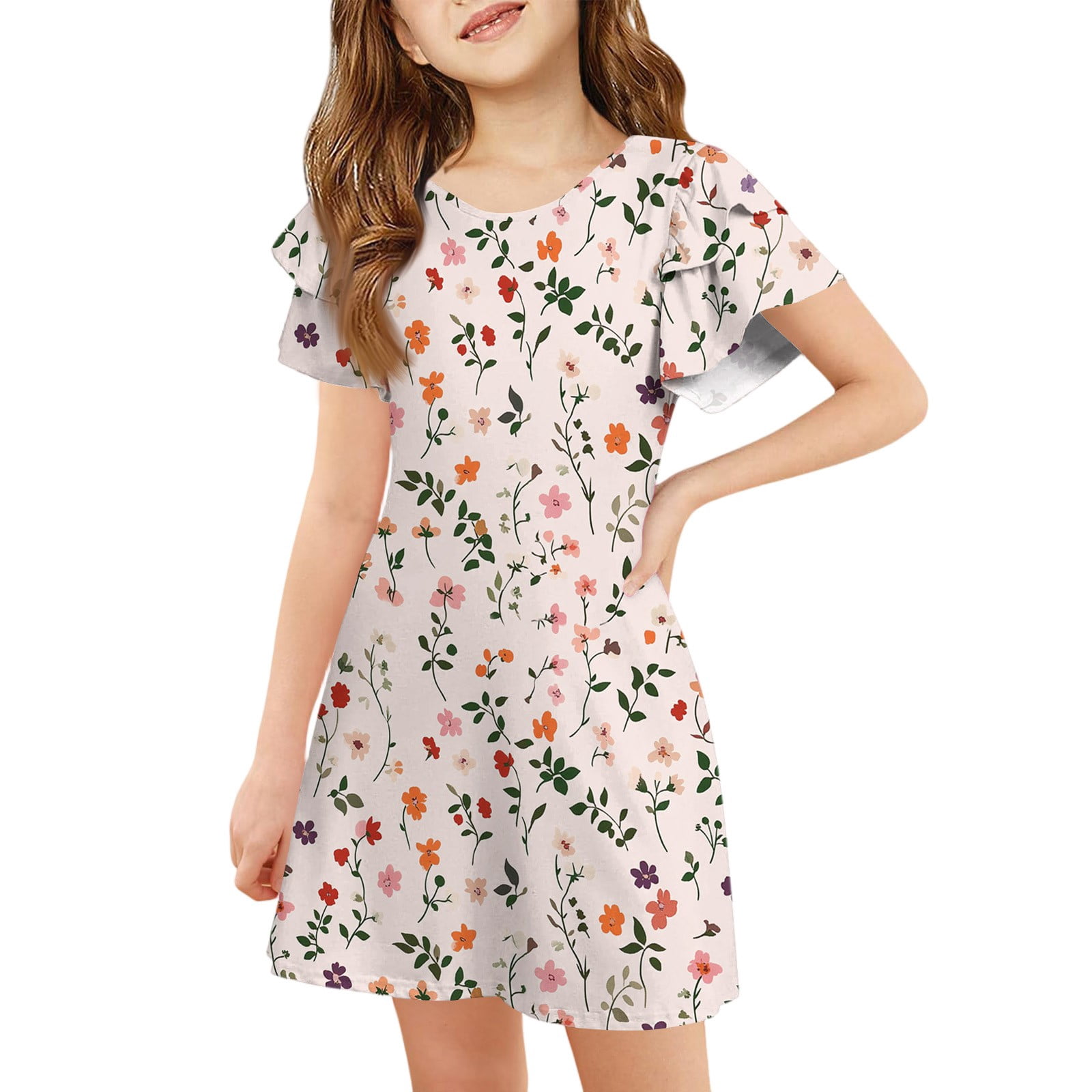 Drmagiyhm Girls Summer Dresses Size 10-12 Summer Casual Ruffle Sleeve ...