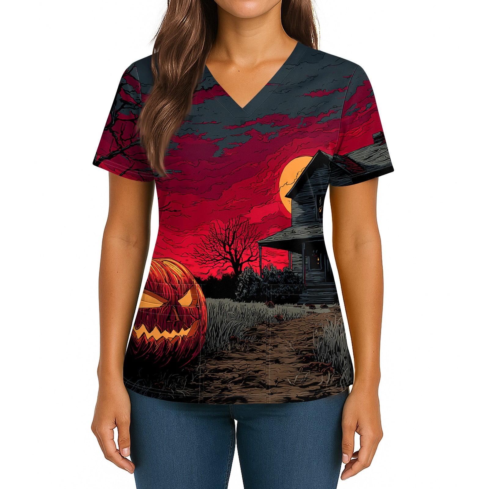 Drmagiyhm Halloween Black Scrubs for Women Plus Size Spooky Season ...