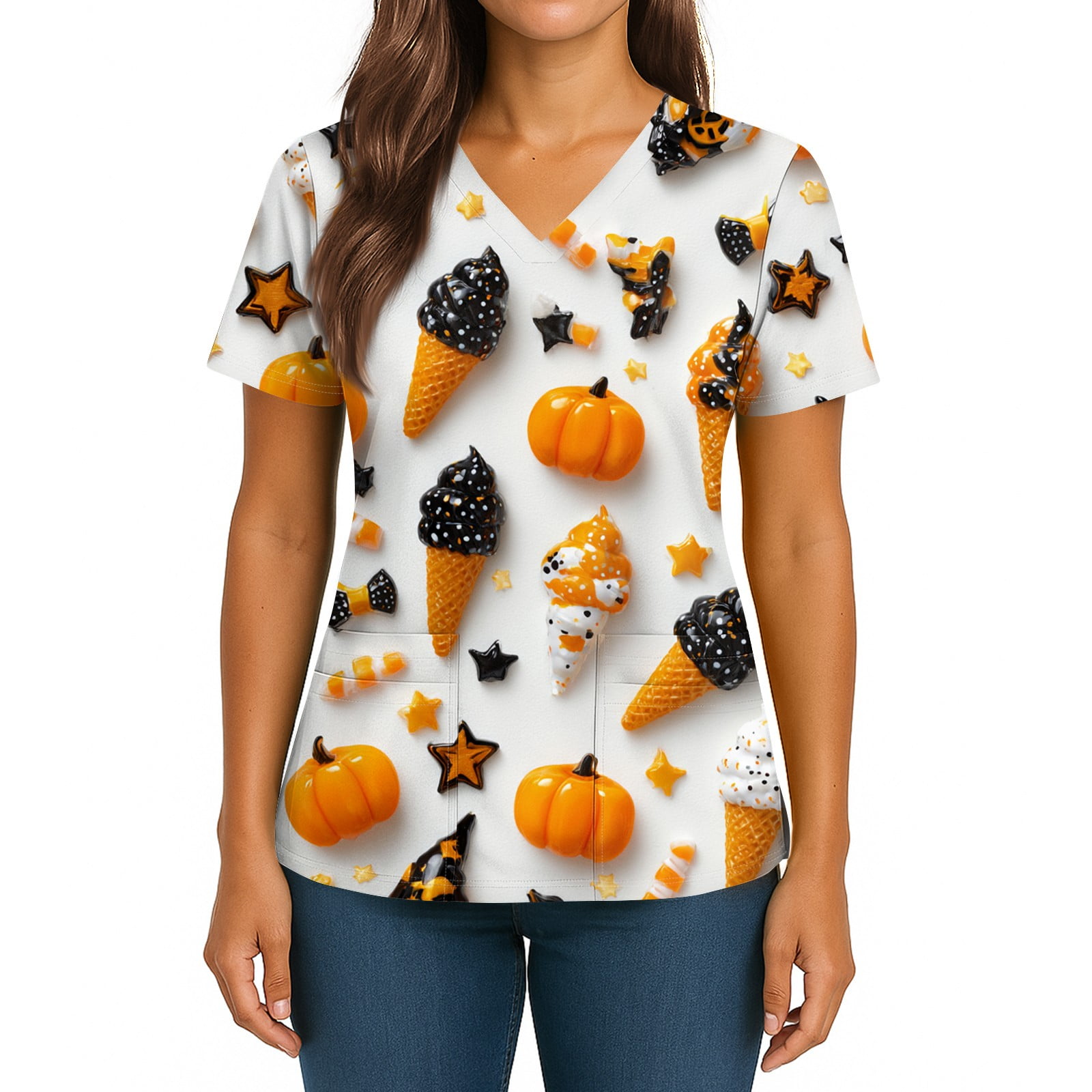 Drmagiyhm Halloween Scrub Tops Women Medical Scrubs Short Sleeve ...