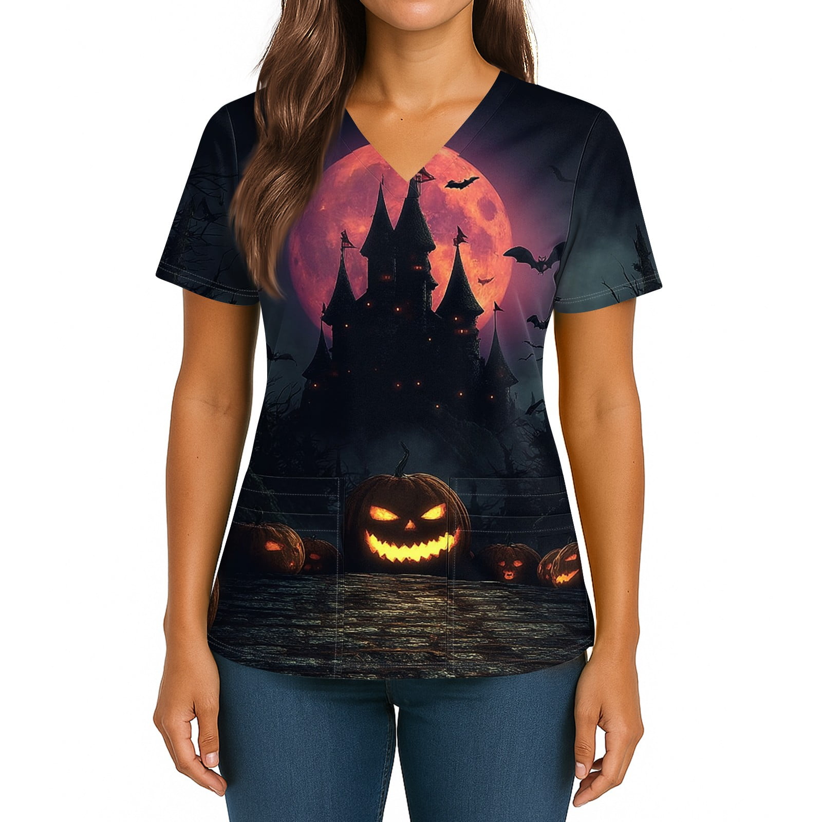 Drmagiyhm Halloween Scrub Tops Women Medical Scrubs Short Sleeve ...