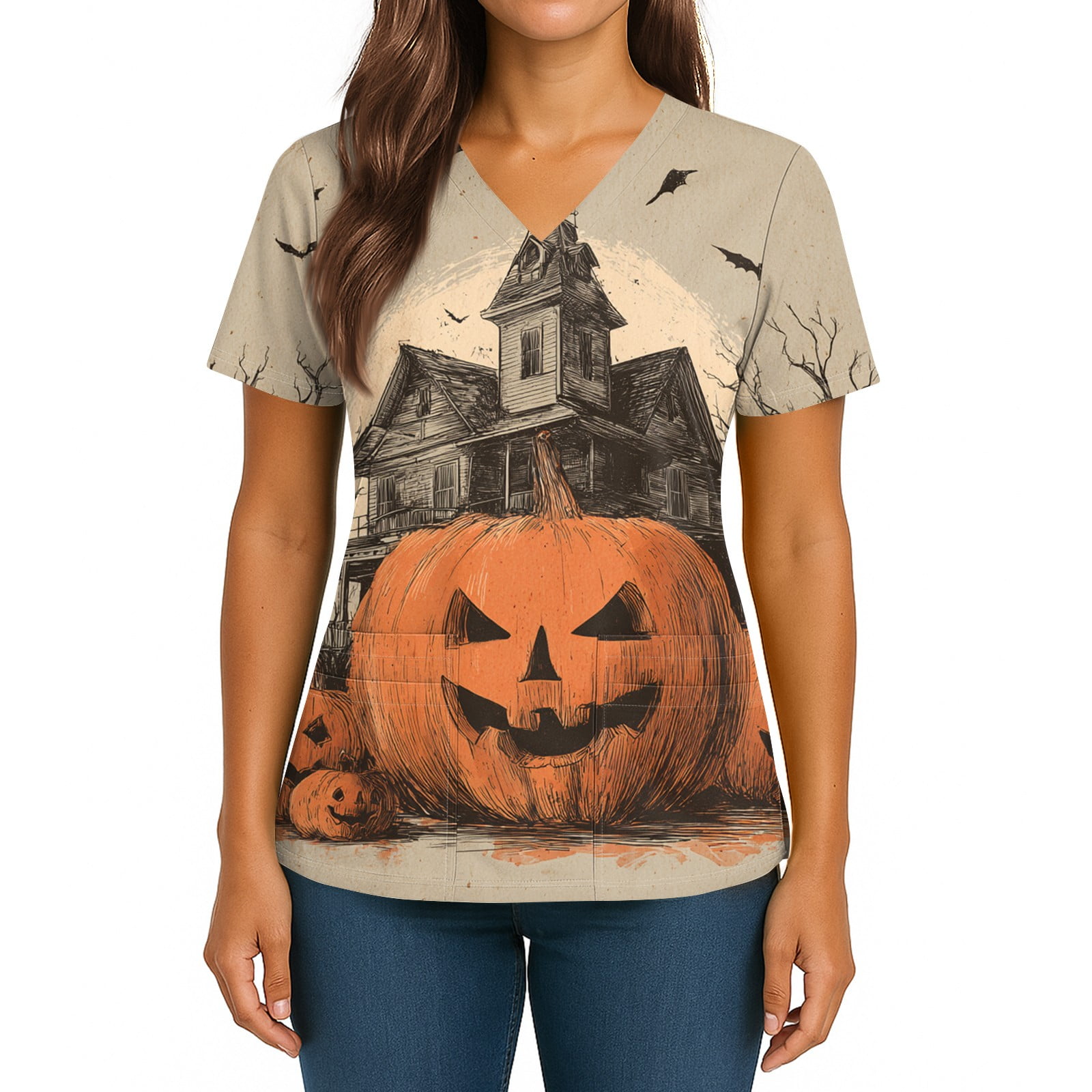 Drmagiyhm Halloween Scrub Tops Women Plus Size Spooky Season Scrub ...
