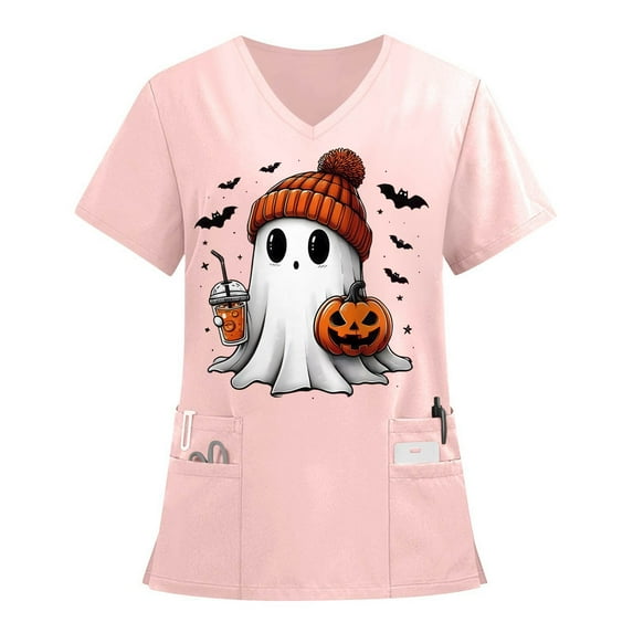 Drmagiyhm Halloween Scrub Tops Women Plus Size Spooky Season Scrub ...