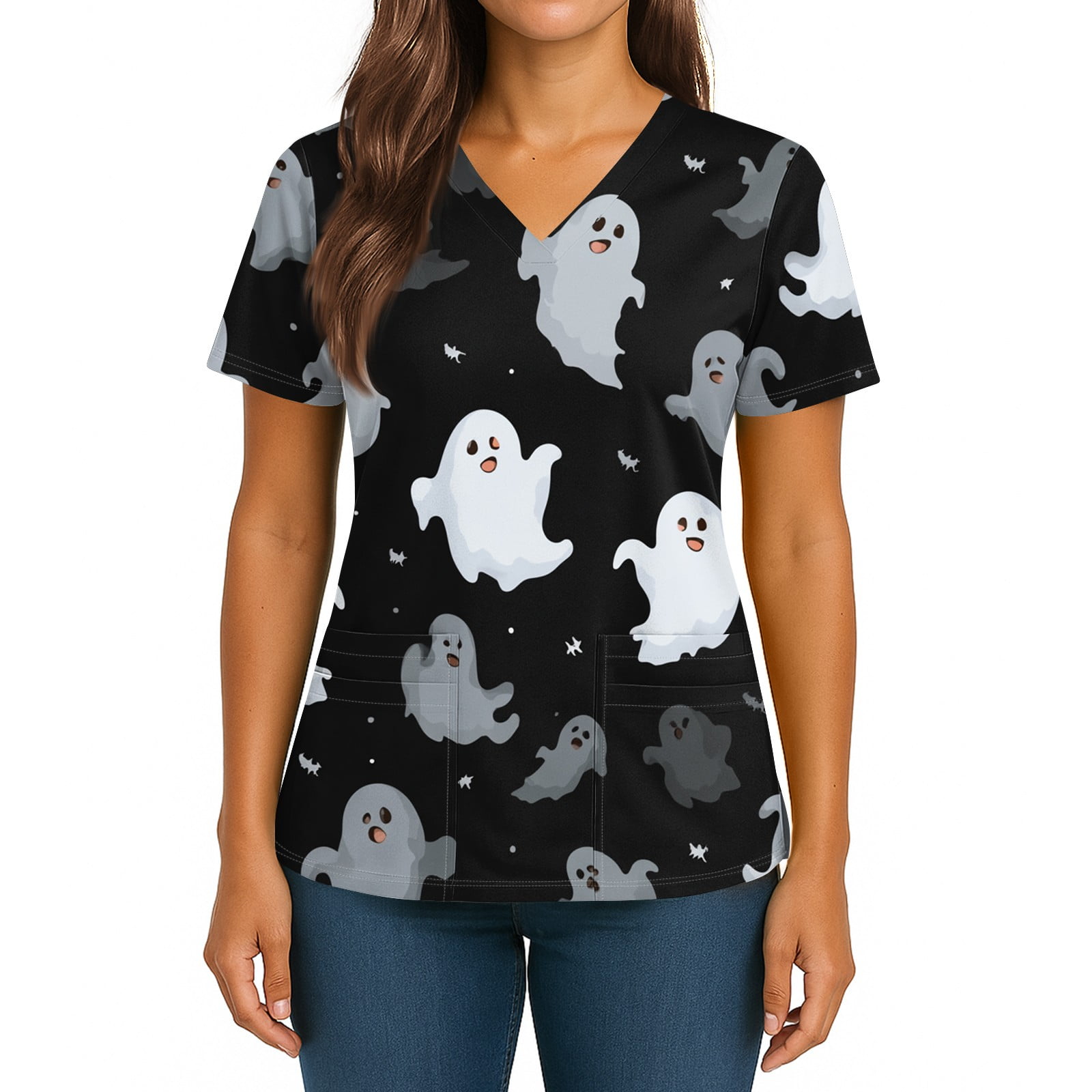 Drmagiyhm Halloween Scrub Tops Women Pumpkins Fun Nurse Uniforms Short ...