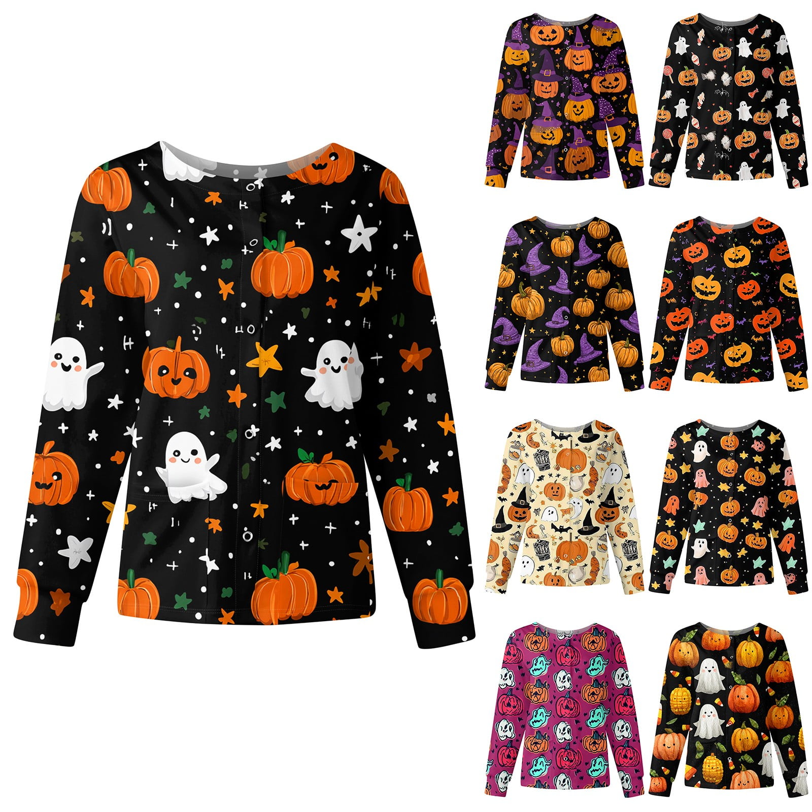 Drmagiyhm Hallowmas Orange Scrub Jacket for Woman Long Sleeve Floral ...