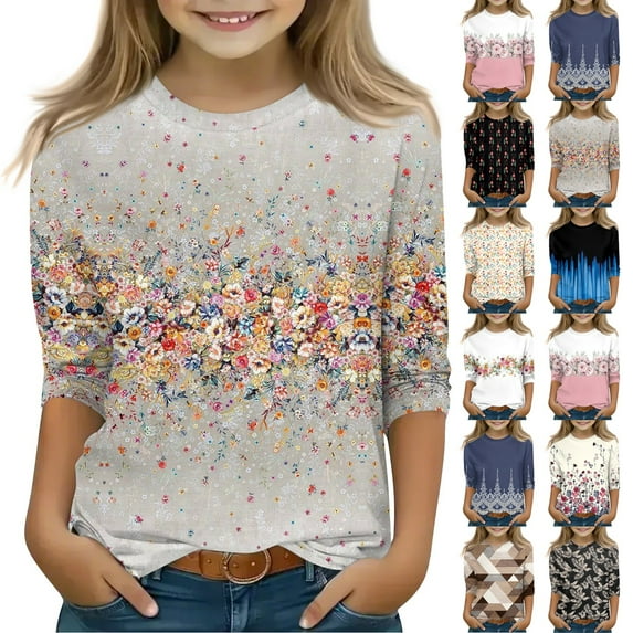 Drmagiyhm Khaki 3/4 Sleeve Shirt for Girls Size 10-12 Cute Crewneck ...