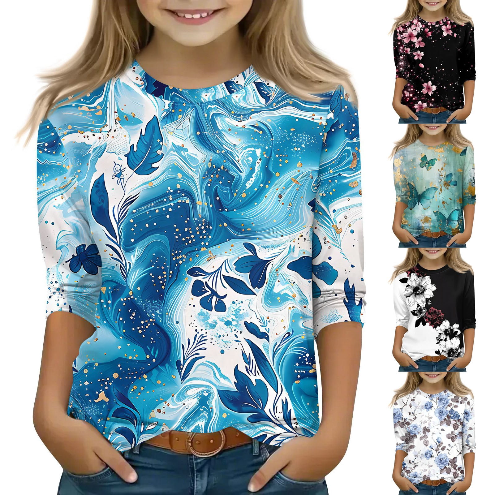 Drmagiyhm Light Blue Girls 3/4 T Shirts Size 10-12 Cute Floral Print Tshirt Casual Fashion ...