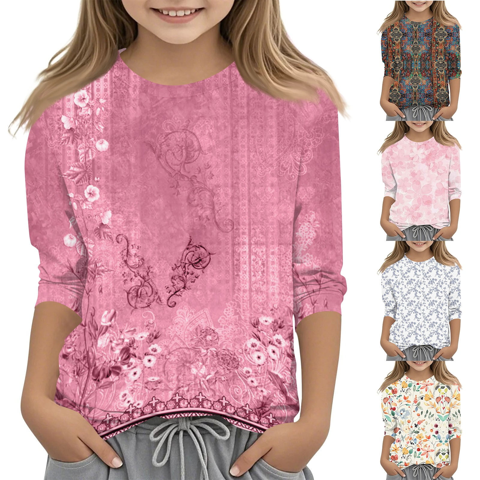 Drmagiyhm Pink 3/4 Sleeve Shirt for Girls Size 10-12 Cute Floral Print ...