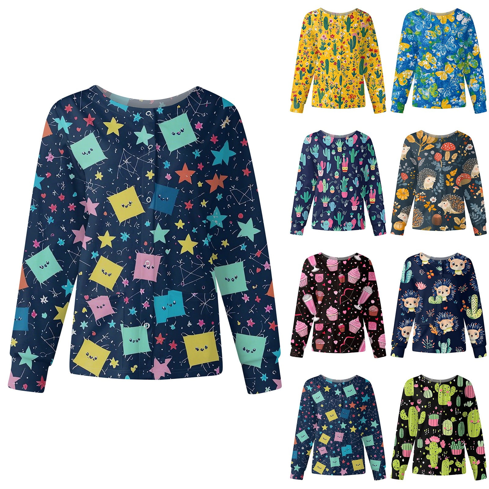 Drmagiyhm Yellow Scrubs Sets for Women Long Sleeve Floral Printed Scrub ...
