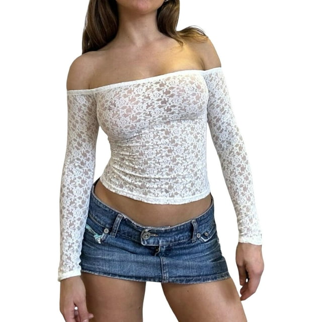 Drnokyasn Women Lace Tops Long Sleeve Off Shoulder See Through Slim Fit
