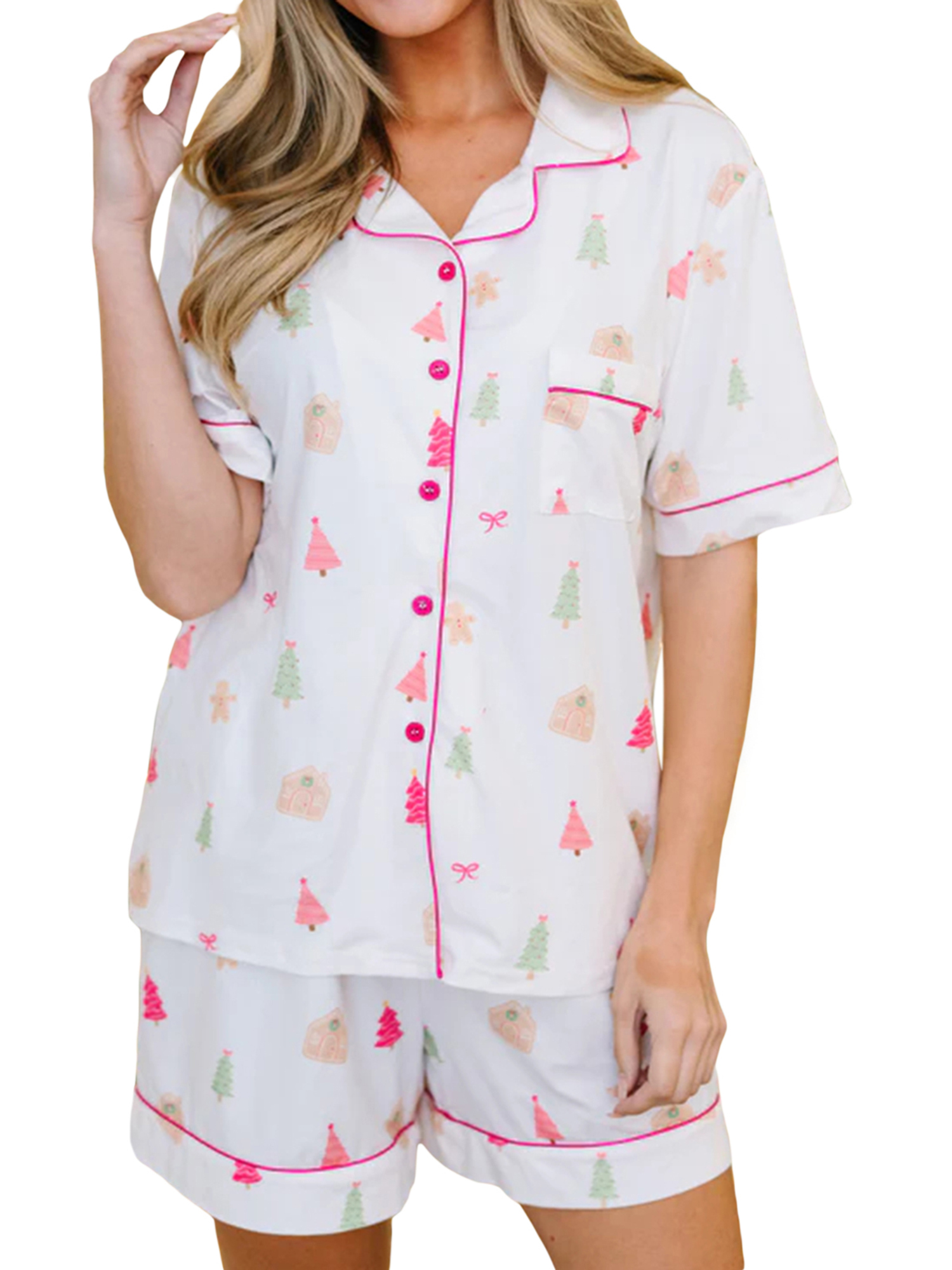 Drnokyasn Women Pajama Set, Tree Print Short Sleeve Button Closure Top ...