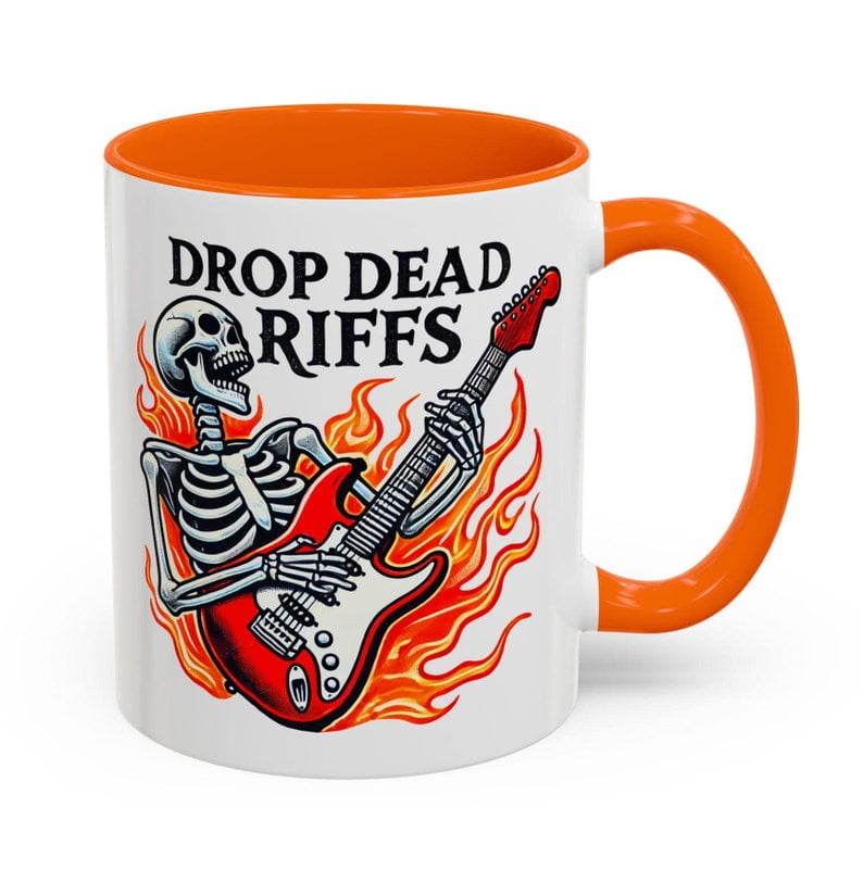Drop Dead Riffs Mug with Skeleton Guitarist Art R1OCk N Roll Flame ...