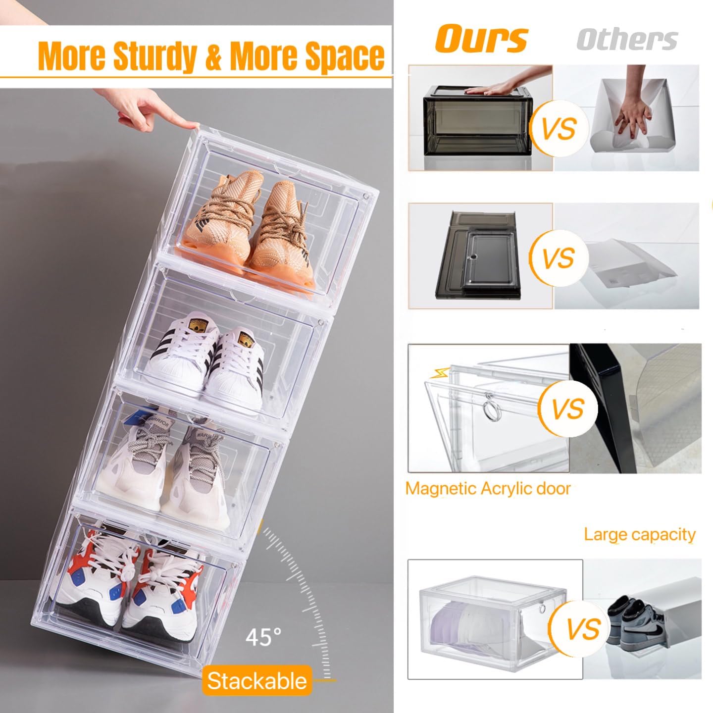 Drop Front Shoe Box,Set Of 6,Stackable Plastic Shoe Box With Clear Door ...