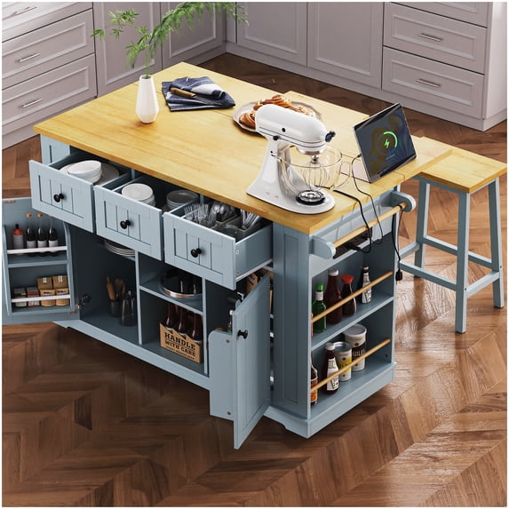 Drop Leaf Kitchen Island on Wheels with Electrical Outlets - Grey Blue ...