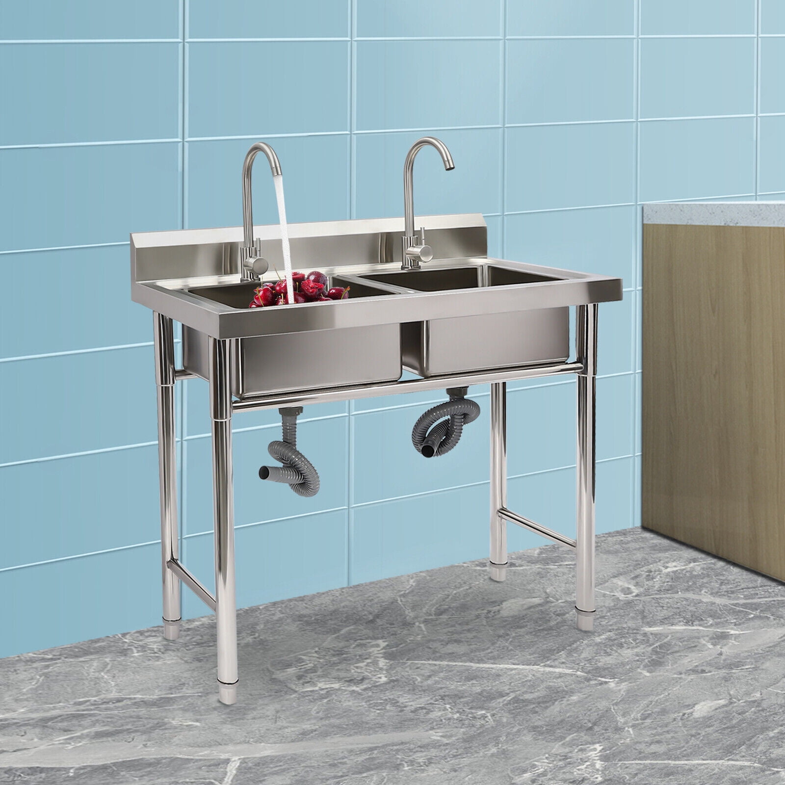 Drop in Double Basin Kitchen Sink Dual Basins Bowl Sink Stainless W/ 2 ...