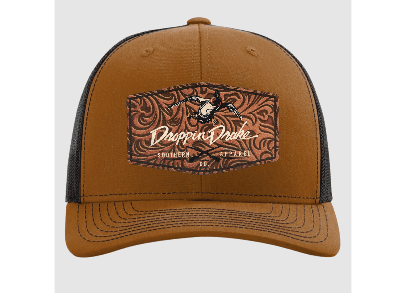 Droppin Drake Mallard Duck and Gun X Leather Patch Trucker Hat ...