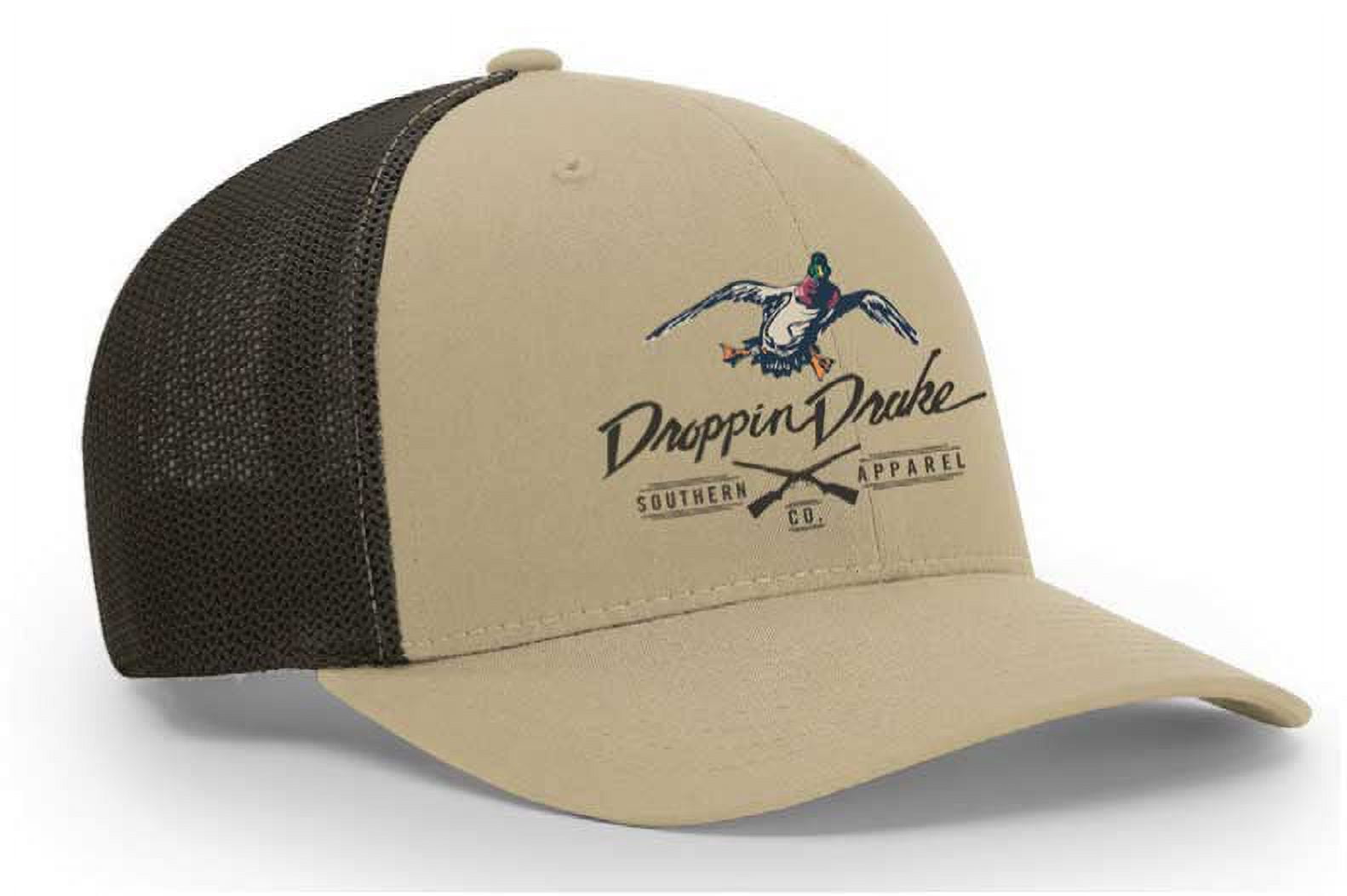 Droppin Drake Mallard Duck and Gun X Logo Mesh Back Trucker Hat-Brown ...