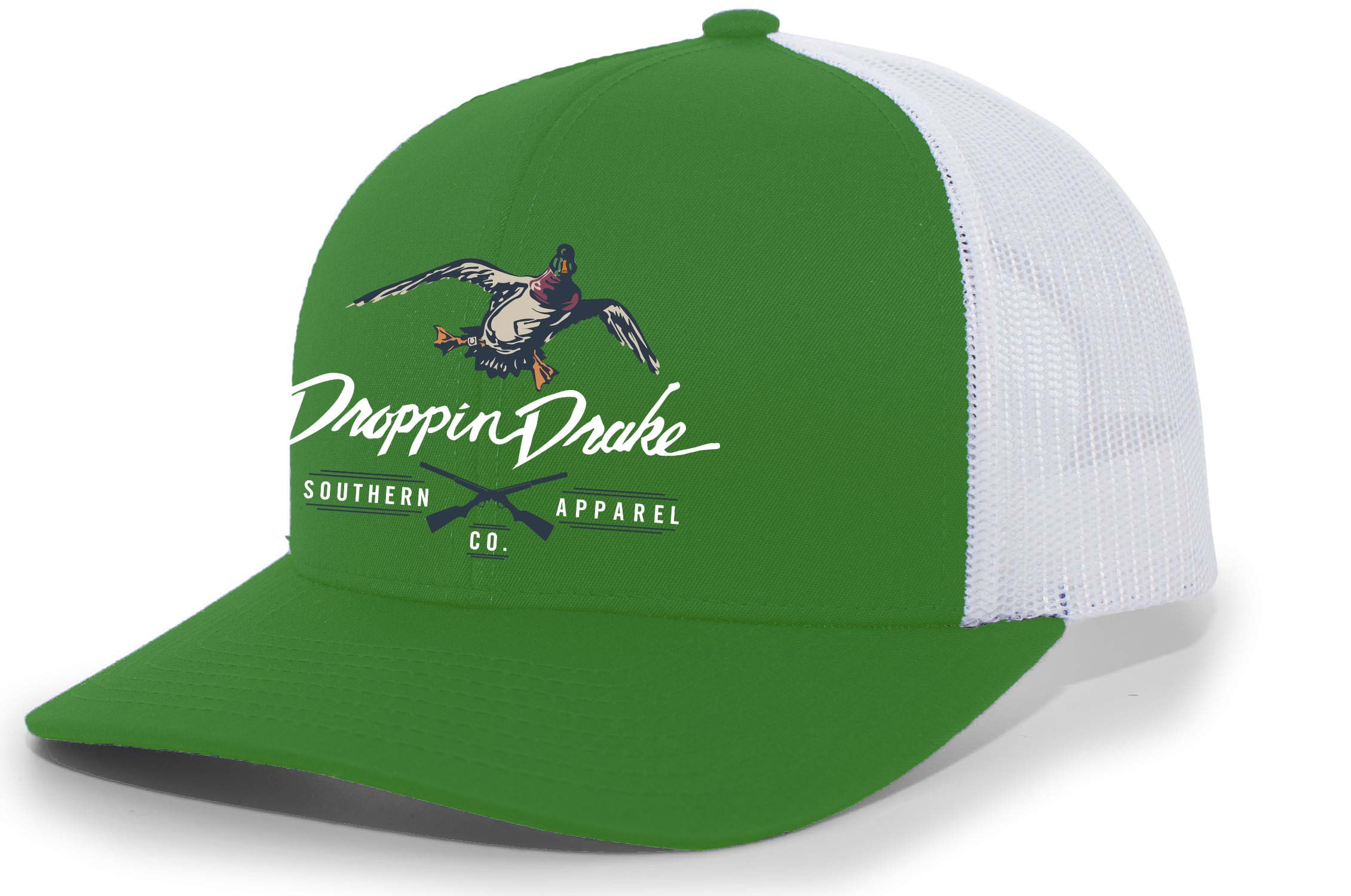 Droppin Drake Mallard Duck and Gun X Logo Mesh Back Trucker Hat-Kelly ...