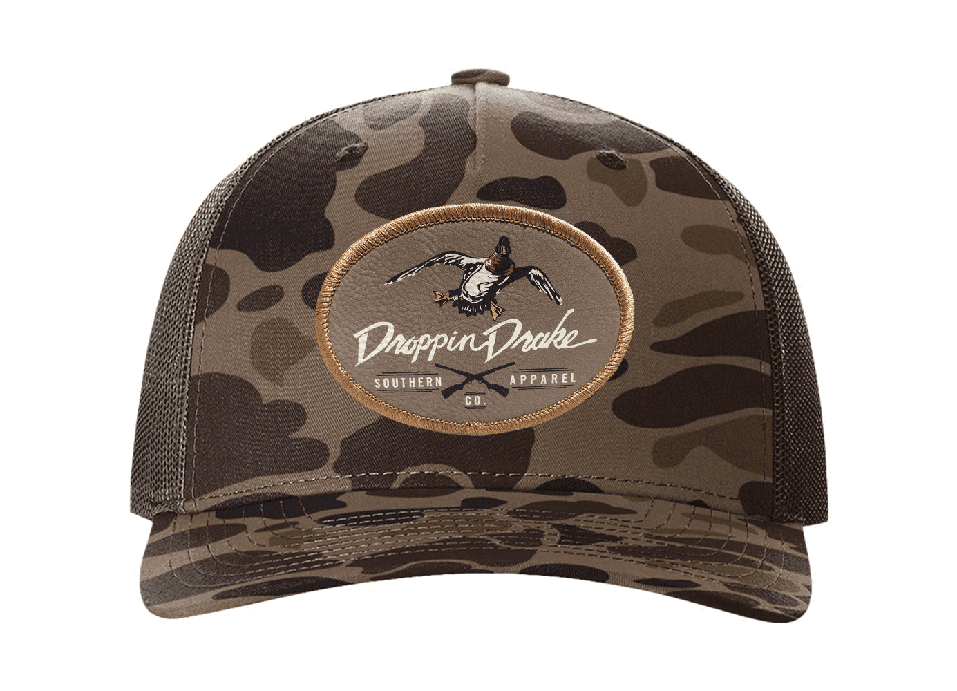 Droppin Drake Mallard Duck and Gun X Oval Patch Snapback Mesh Trucker ...