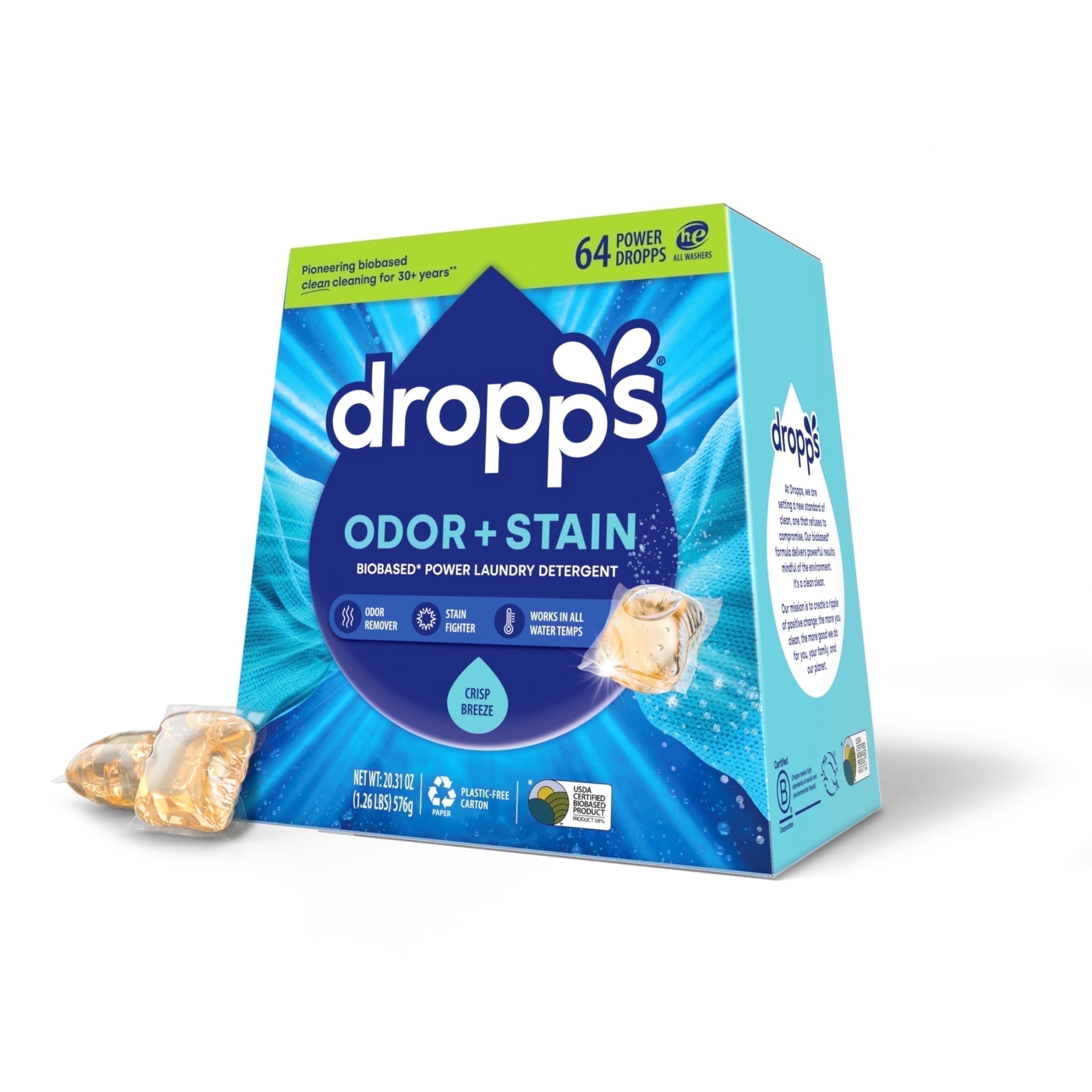 Dropps Laundry Odor + Stain Detergent Pods, Biobased, Stain Removing ...