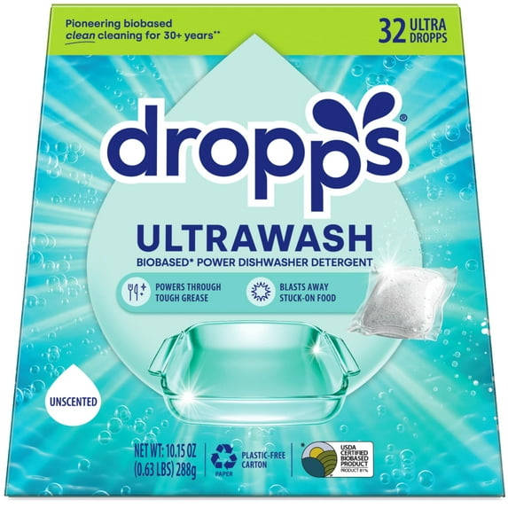 Dropps UltraWash Dishwasher Pods, Unscented (32 Count) - Biobased Power ...