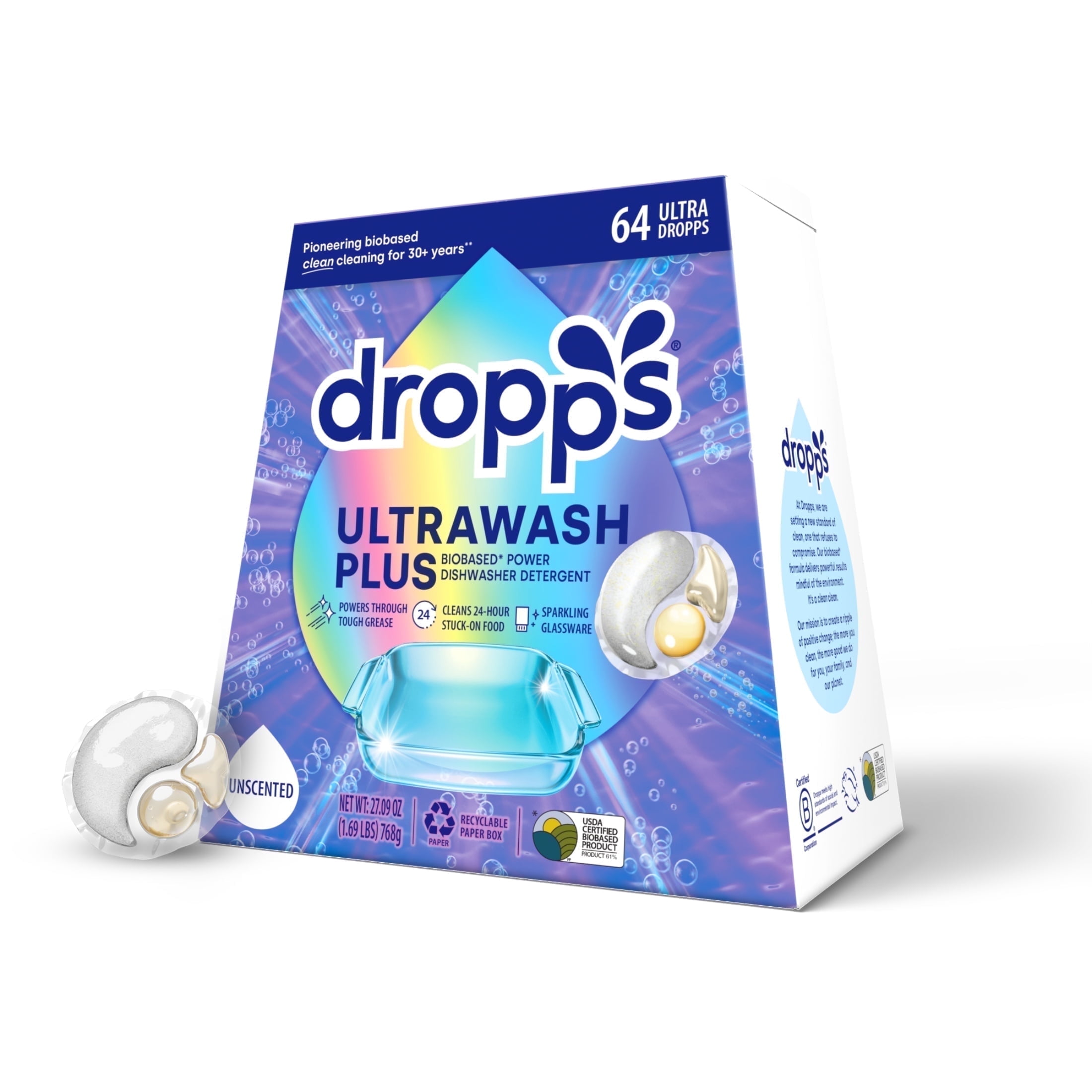Dropps Dishwasher UltraWash Plus Detergent Pods, Triple Action Biobased ...