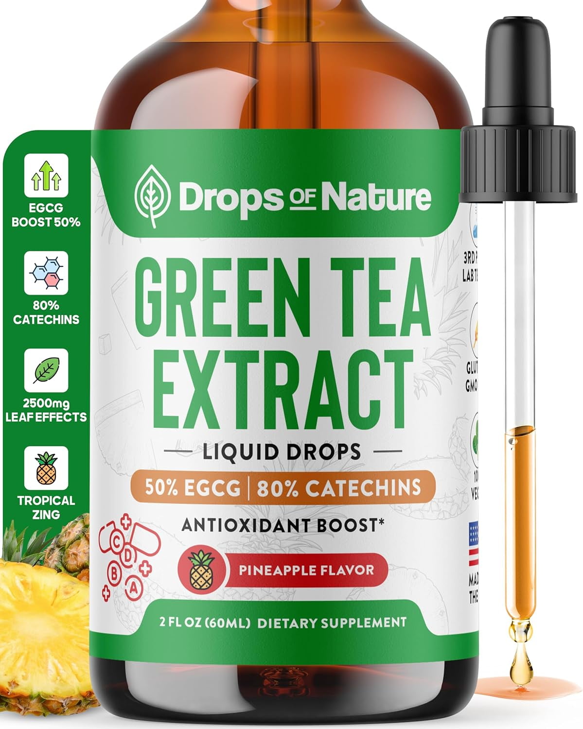 Drops of Nature Organic Green Tea Extract 1000mg Liquid Drops Pineapple ...