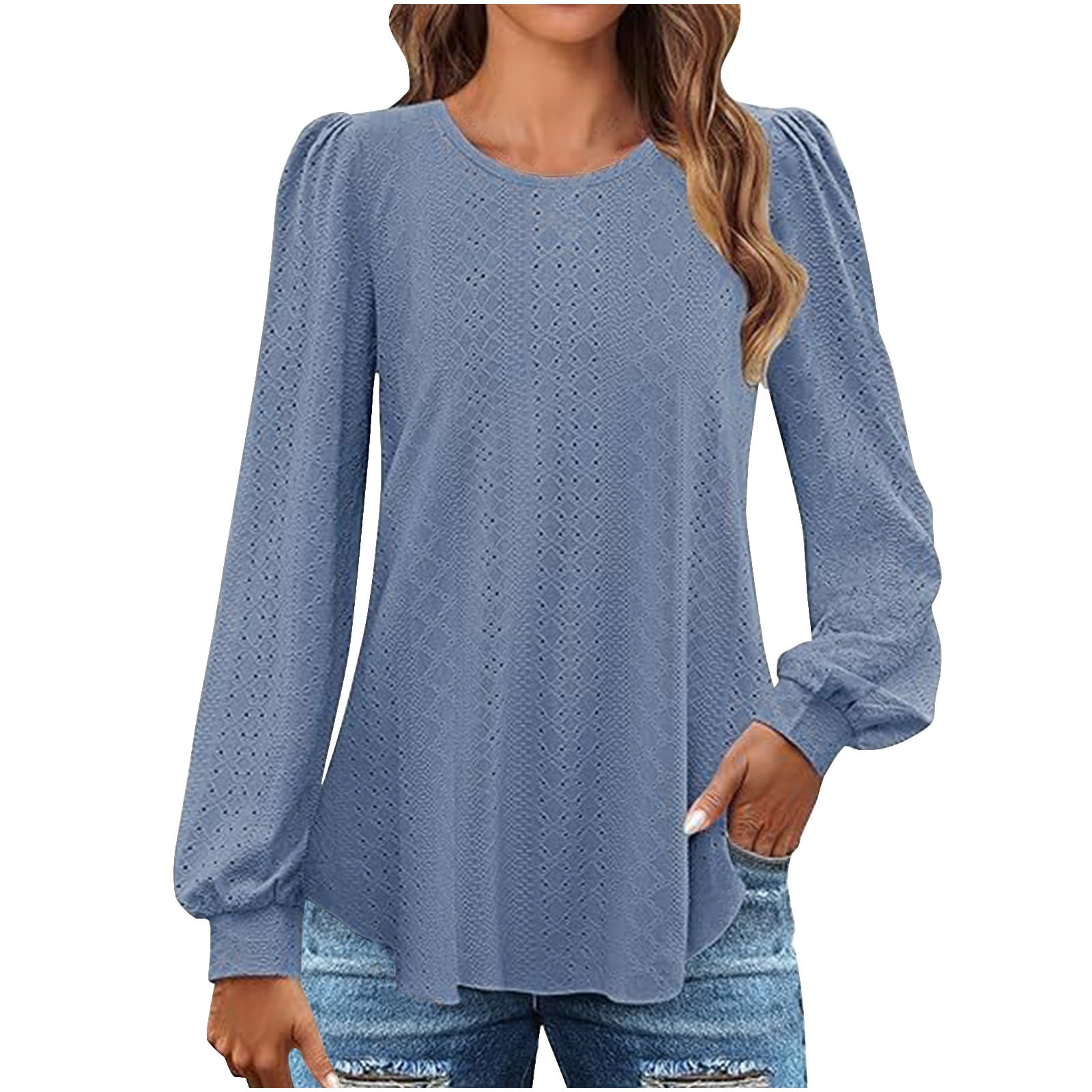 Drses Long Sleeve Eyelet Tops for Womens Crew Neck Fall Shirts Casual ...