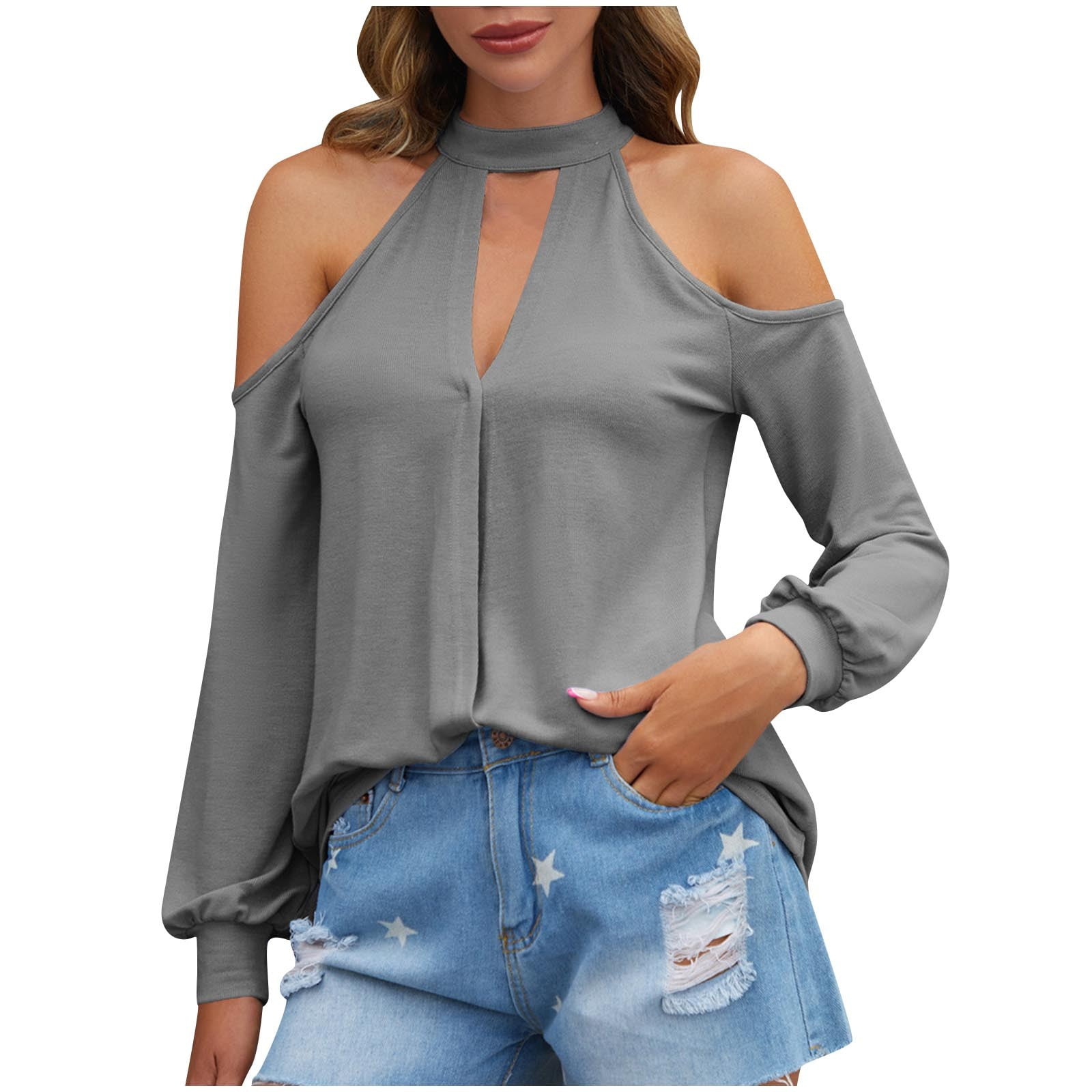 Drses Women's Cold Shoulder Keyhole Neck Long Sleeve Blouse Cut Out ...