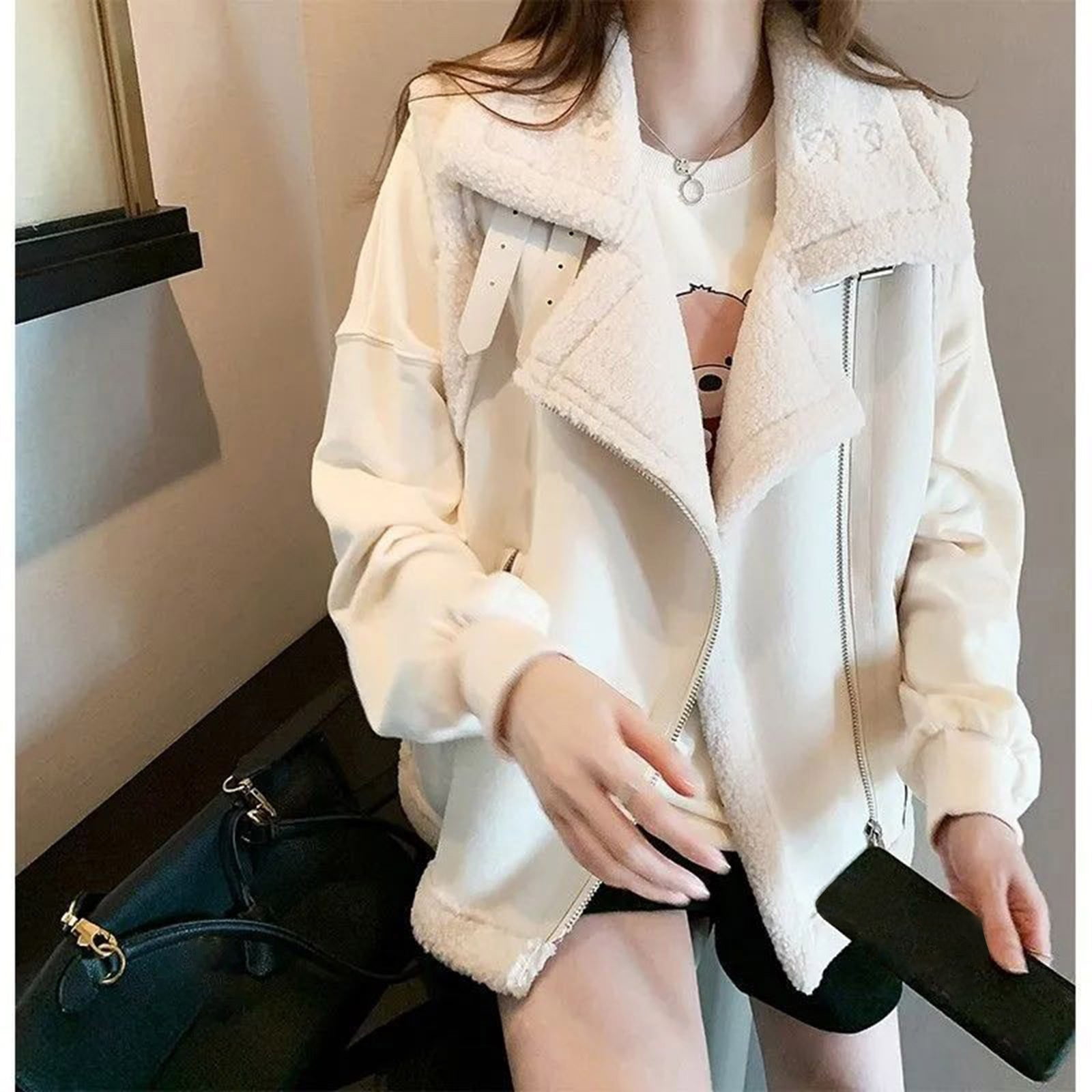 Drses Women's Faux Shearing Moto Jacket Thick Lined Parka Winter ...