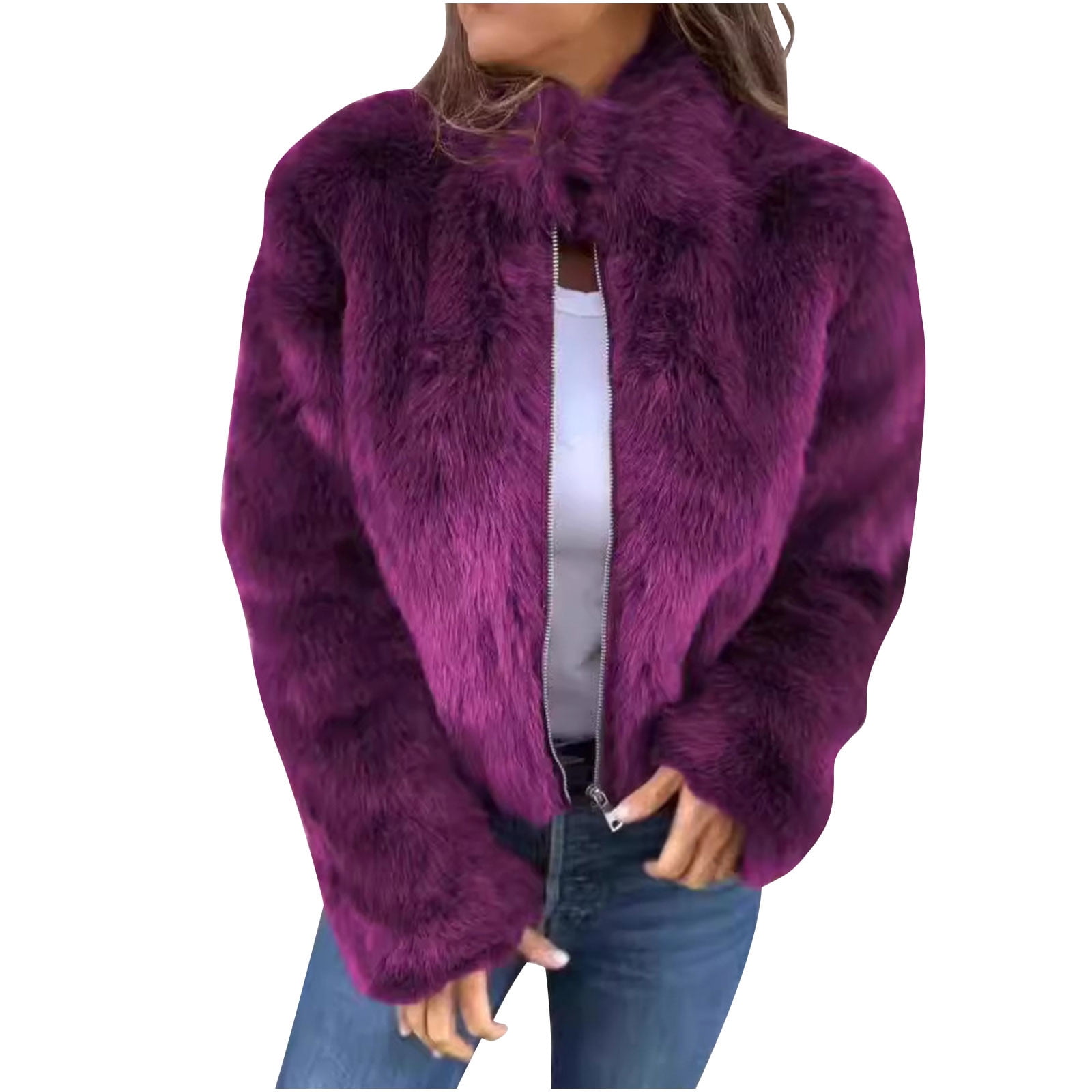Drses Women's High Collar Fur Zipper Casual Jacket Winter Fuzzy Cropped ...