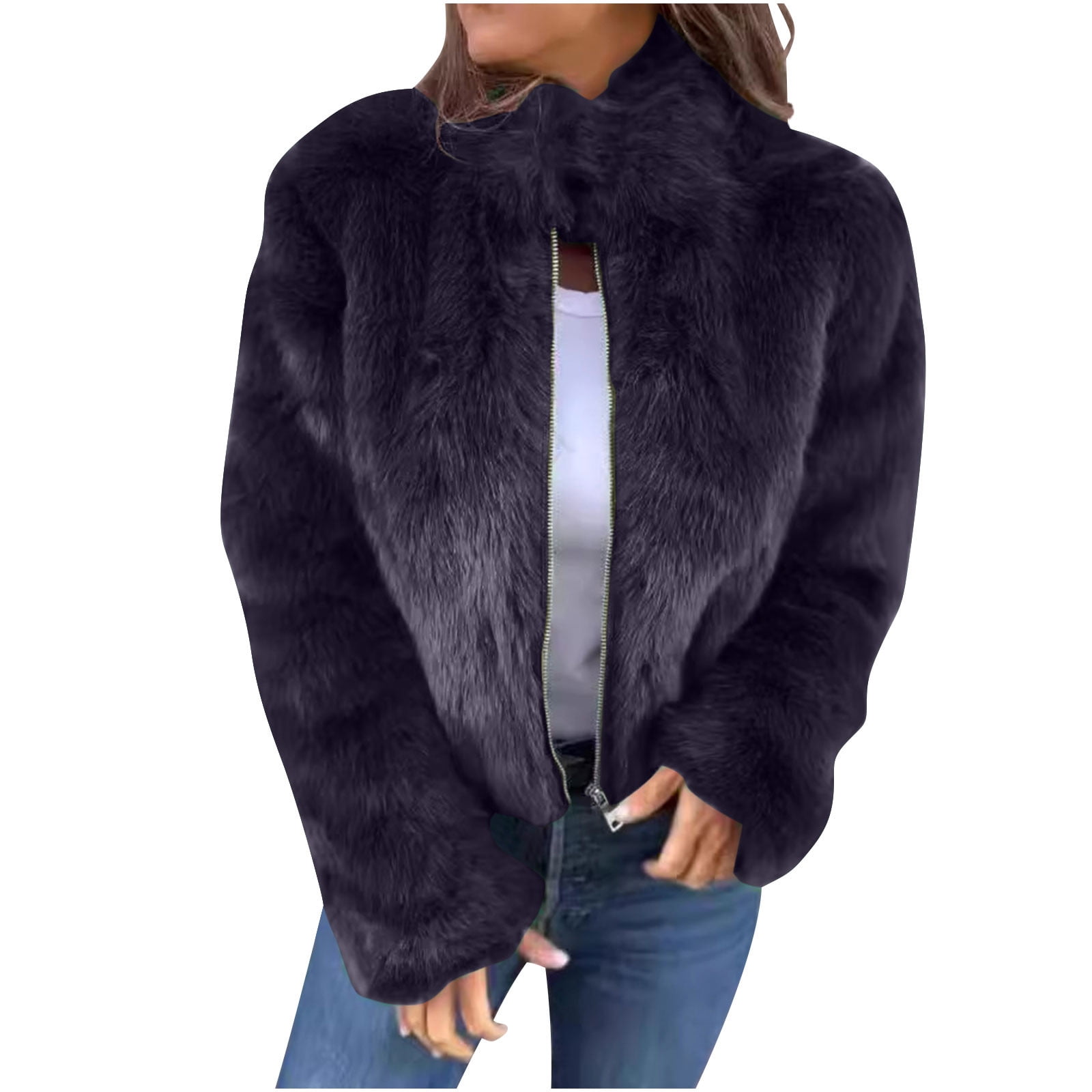 Drses Women's High Collar Fur Zipper Casual Jacket Winter Fuzzy Cropped ...