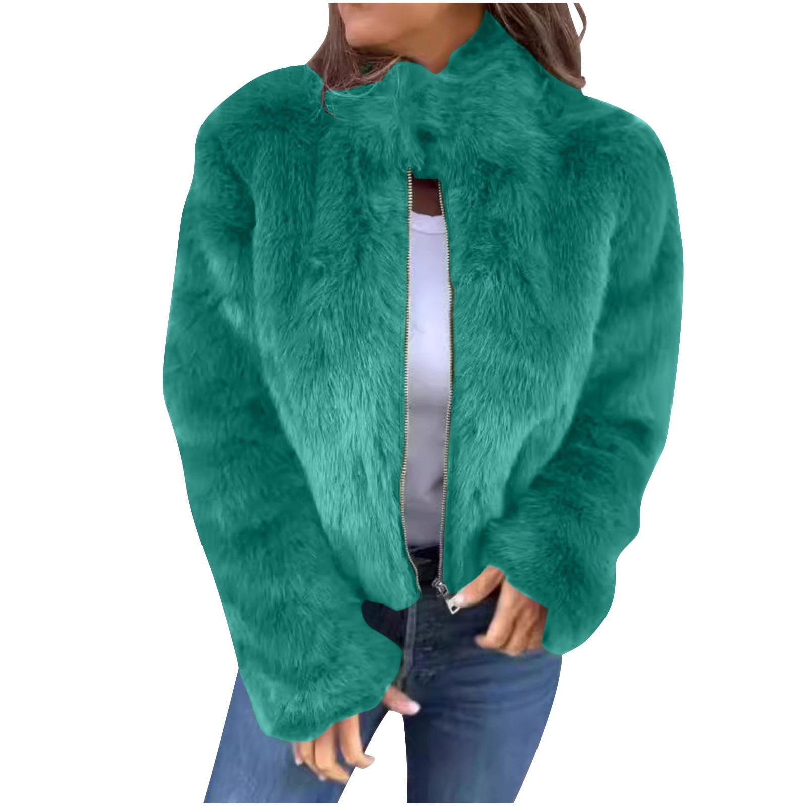 Drses Women's High Collar Fur Zipper Casual Jacket Winter Fuzzy Cropped ...