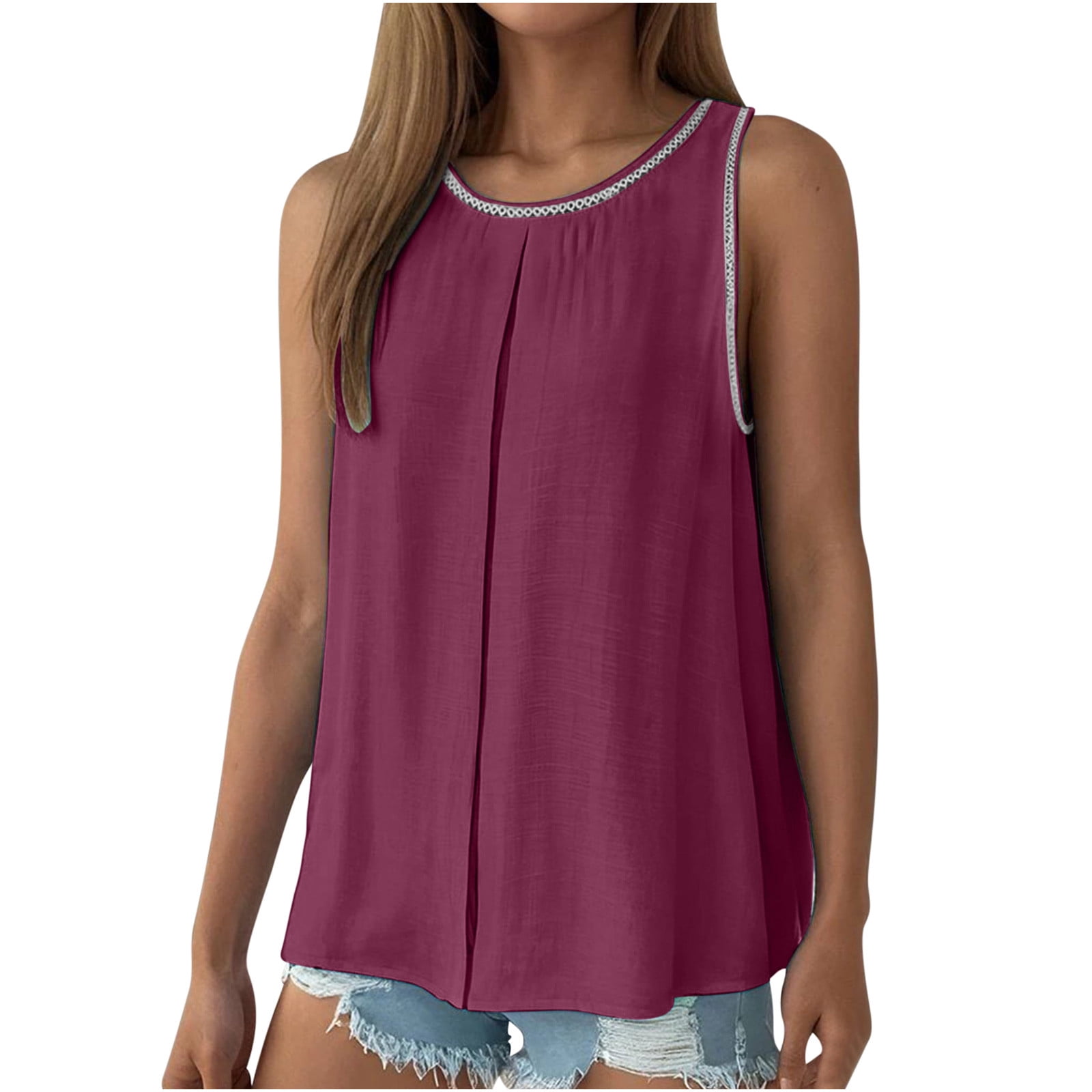 Drses Women's Lace Trim Tank Tops Round Neck Pleated Cozy Shirts Casual ...