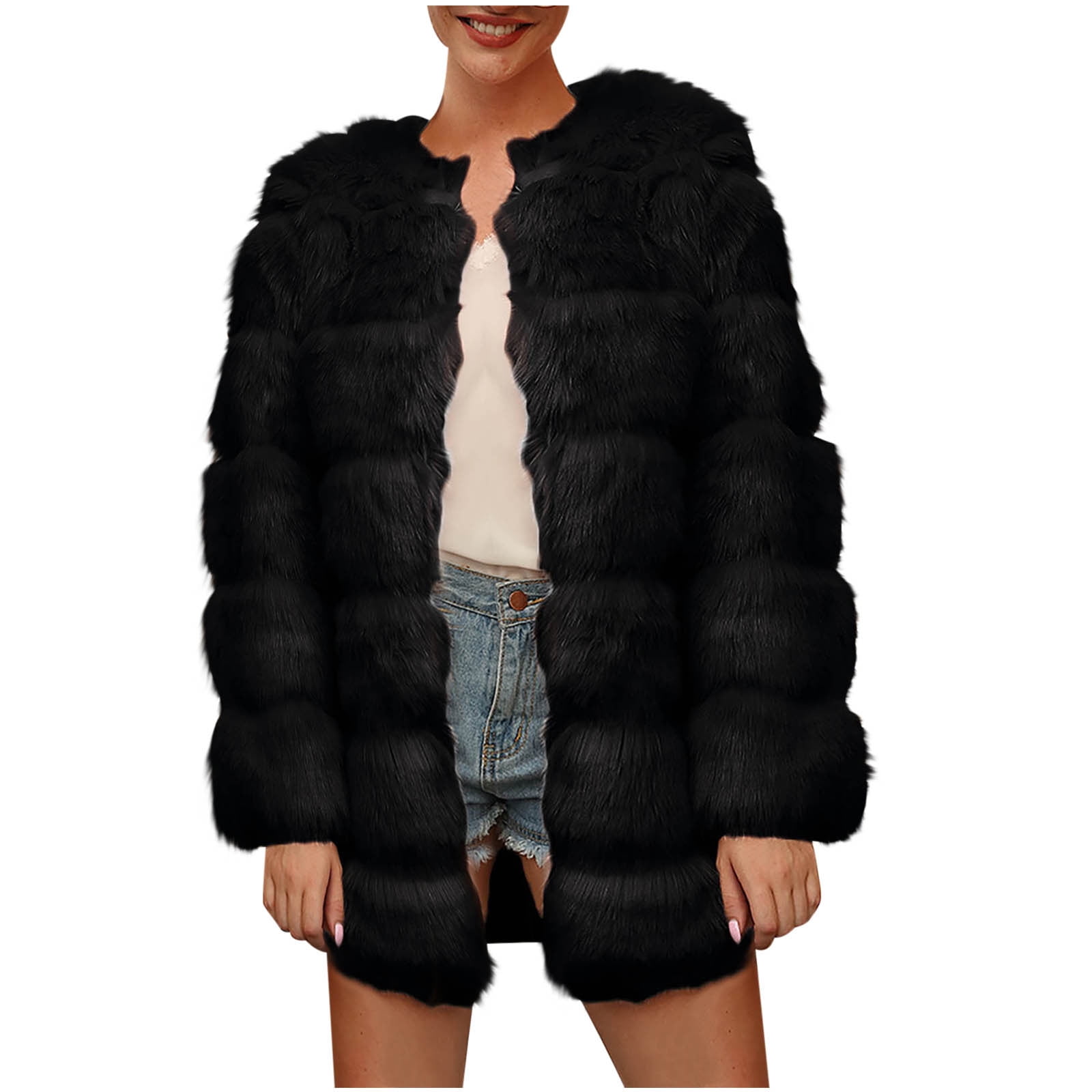 Drses Women's Luxury Fluffy Faux Fur Winter Coats Open Front Long Shaggy Furry Jackets Long ...