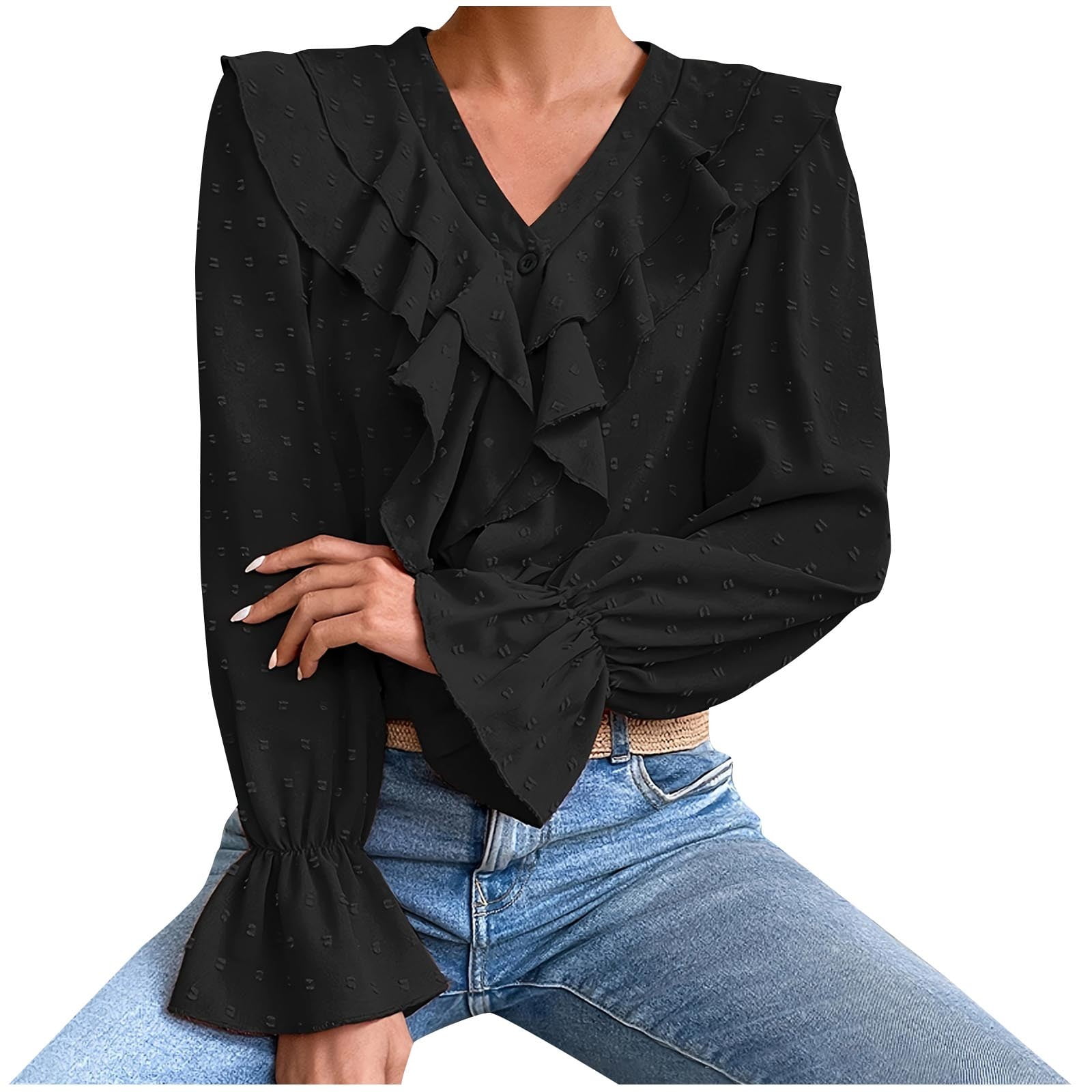 Drses Women's Ruffle Blouse for Business Work Elegant V Neck Long ...