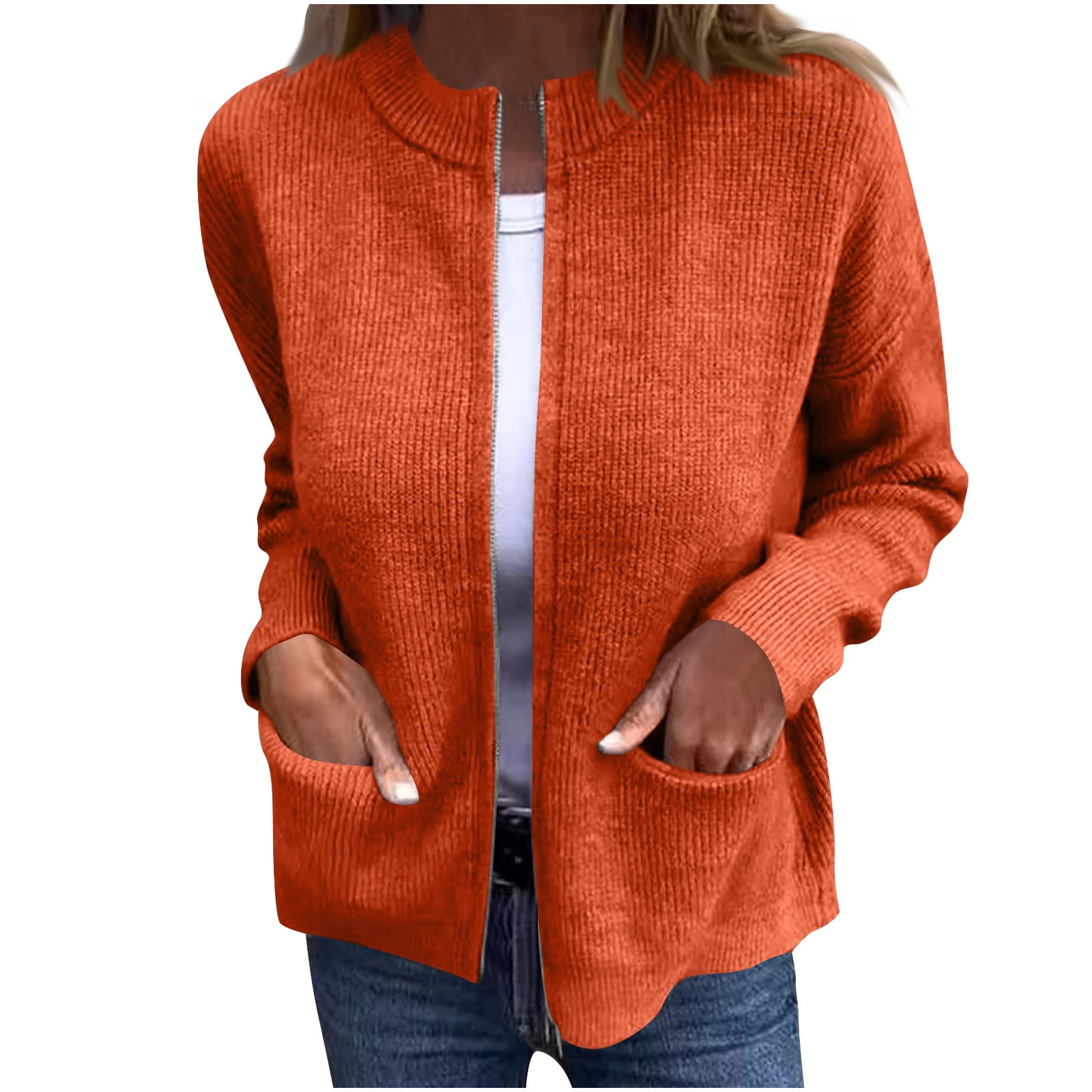 Drses Women's Solid Color Knit Jacket - Stylish with Pockets and Zipper ...