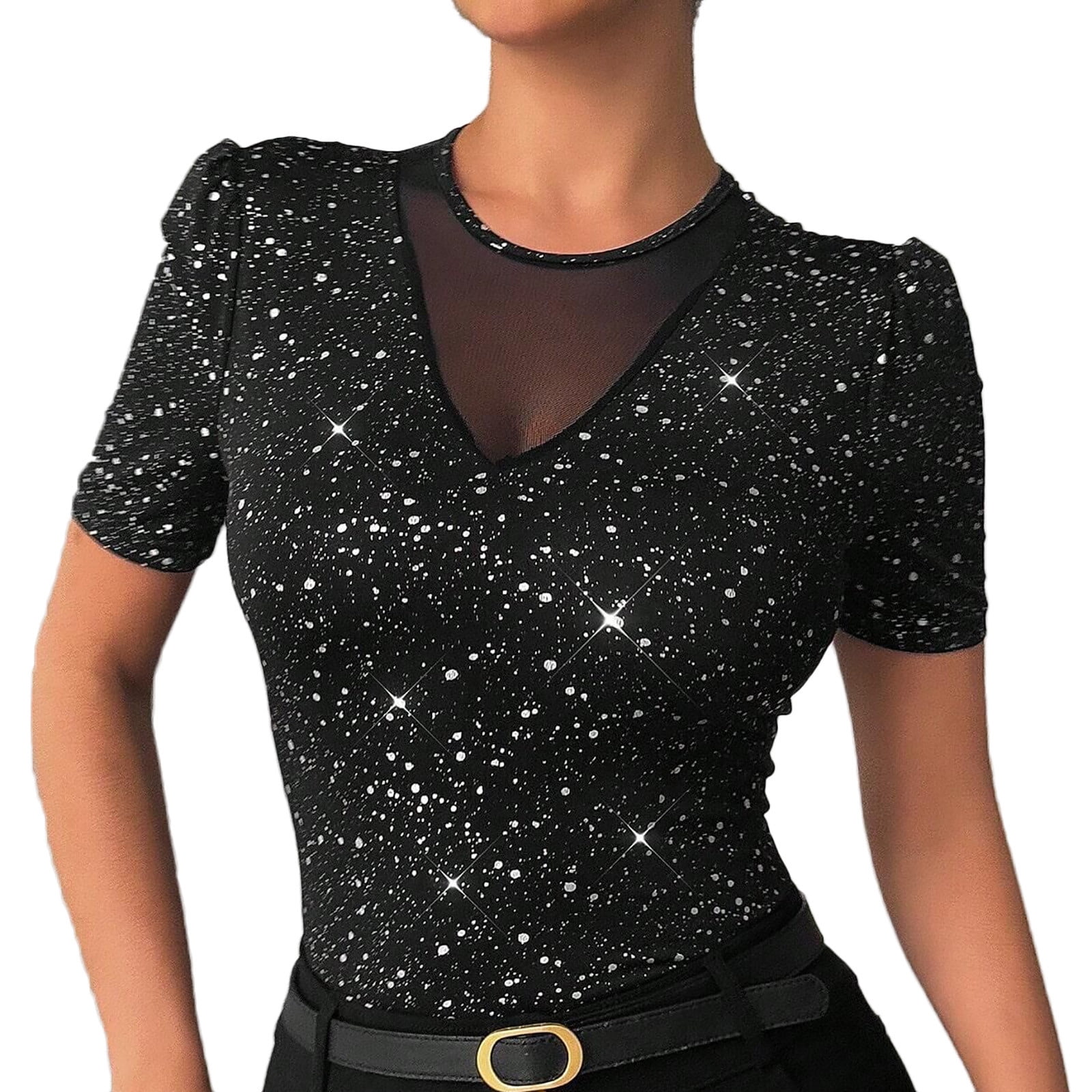 Drses ‌‌‌‌‌Women's Sparkle Sequin Short Sleeve Round Neck Tee | Sheer ...