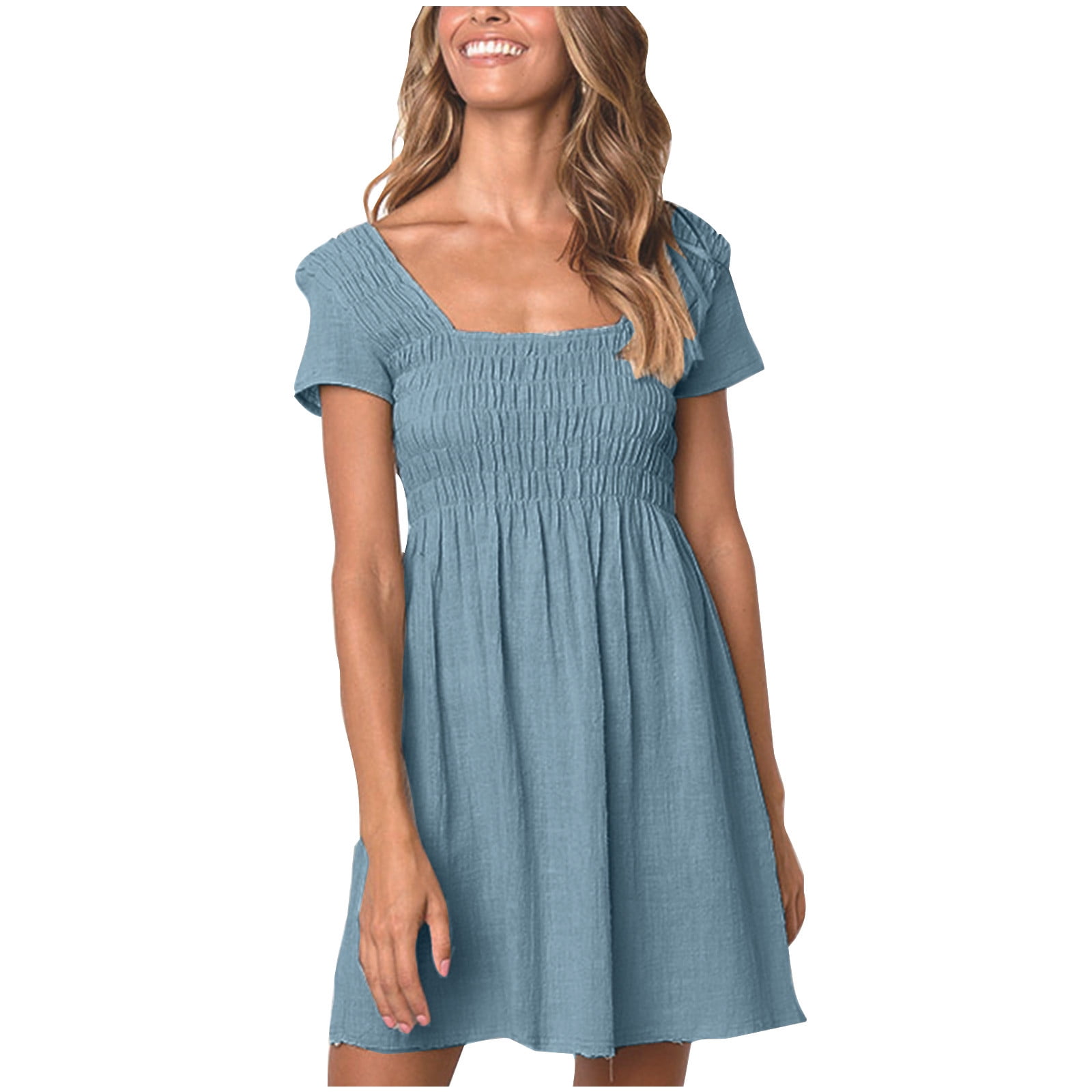 Drses Women's Square Neck Flounce Short Sleeve Shirred Ruffle Hem Dress ...